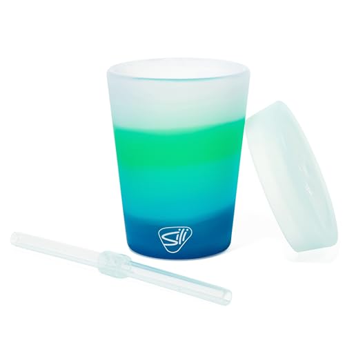 Silipint: Silicone Kids 8oz Straw Tumblers: 2 Pack - Moon Beam & Mountain Air -Unbreakable Cups, Sustainable, Airtight Lid, Flexible