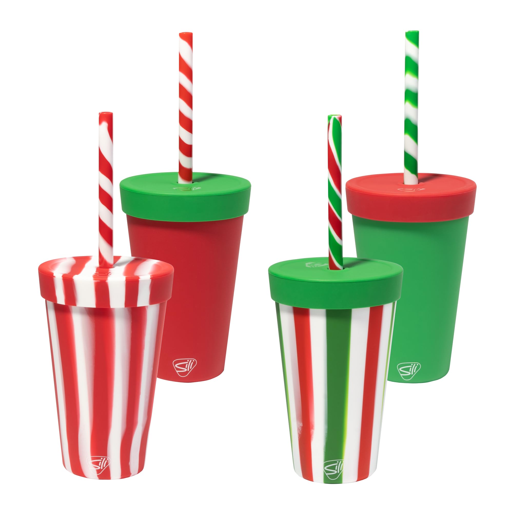 Silipint: Silicone 16 oz Straw Tumbler:4 Pk - Peppermint, Poinsettia, Classic Red & Green - Unbreakable, Holiday Gift, Sustainable