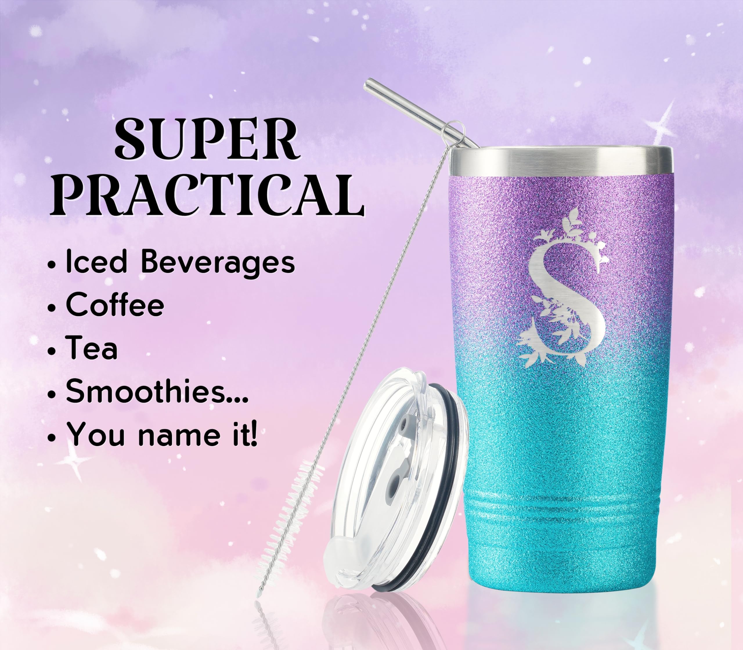 Personalized Tumblers with Lids and Straws for Women, Monogrammed Travel Mugs with Initials, Unique Gifts for Her on Birthdays Xmas, Purple, S