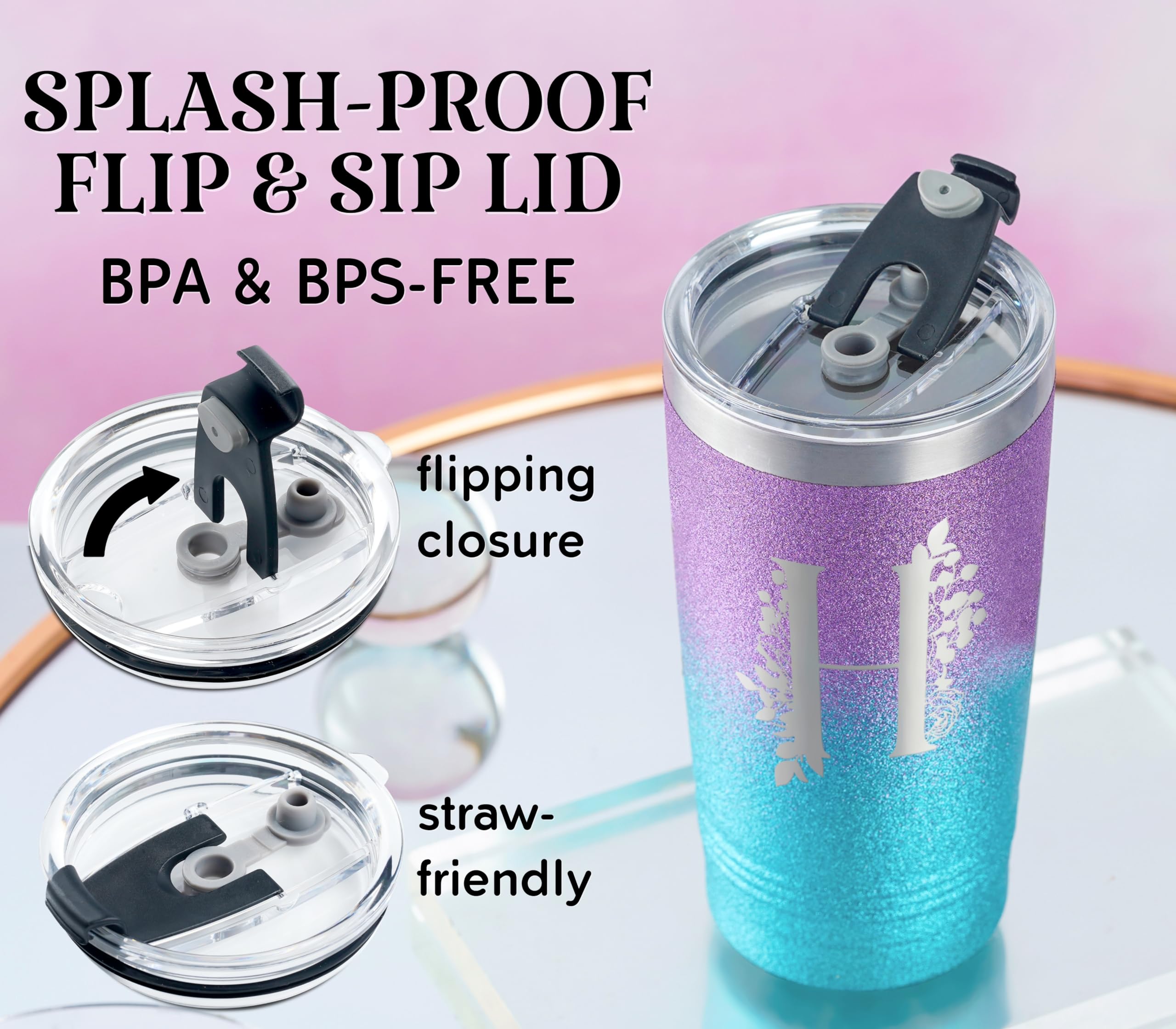 Personalized Tumblers with Lids and Straws for Women, Monogrammed Travel Mugs with Initials, Unique Gifts for Her on Birthdays Xmas, Purple, S