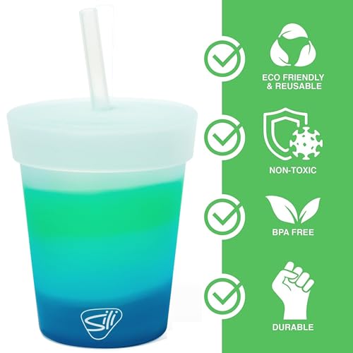 Silipint: Silicone Kids 8oz Straw Tumblers: 2 Pack - Moon Beam & Sun Storm -Unbreakable Cups, Airtight Lid, Flexible, Sustainable