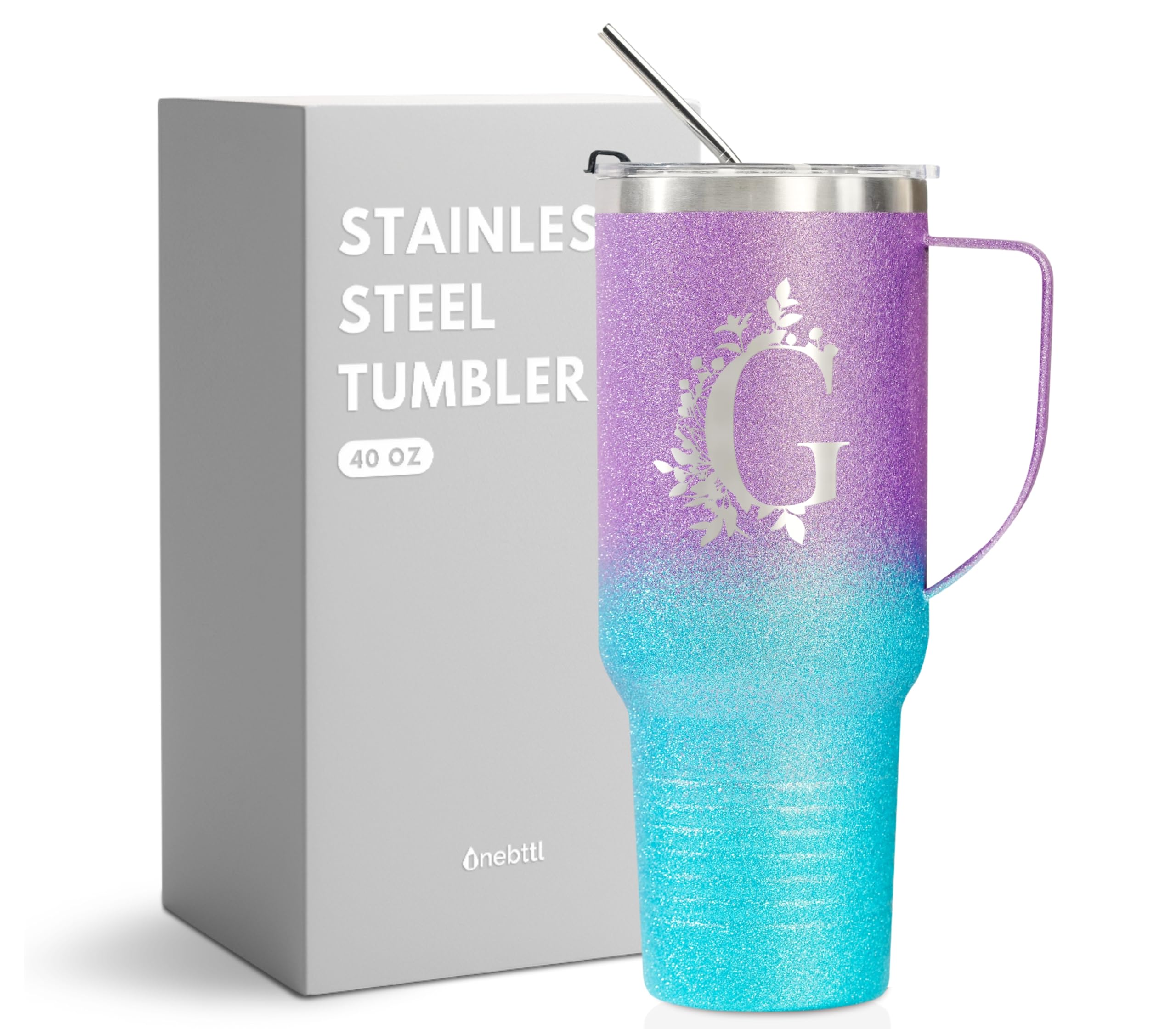 Personalized 40 oz Tumbler with Handle for Women, Monogrammed Travel Mugs with Initials, Unique Gifts for Her on Birthdays Christmas, Purple, G