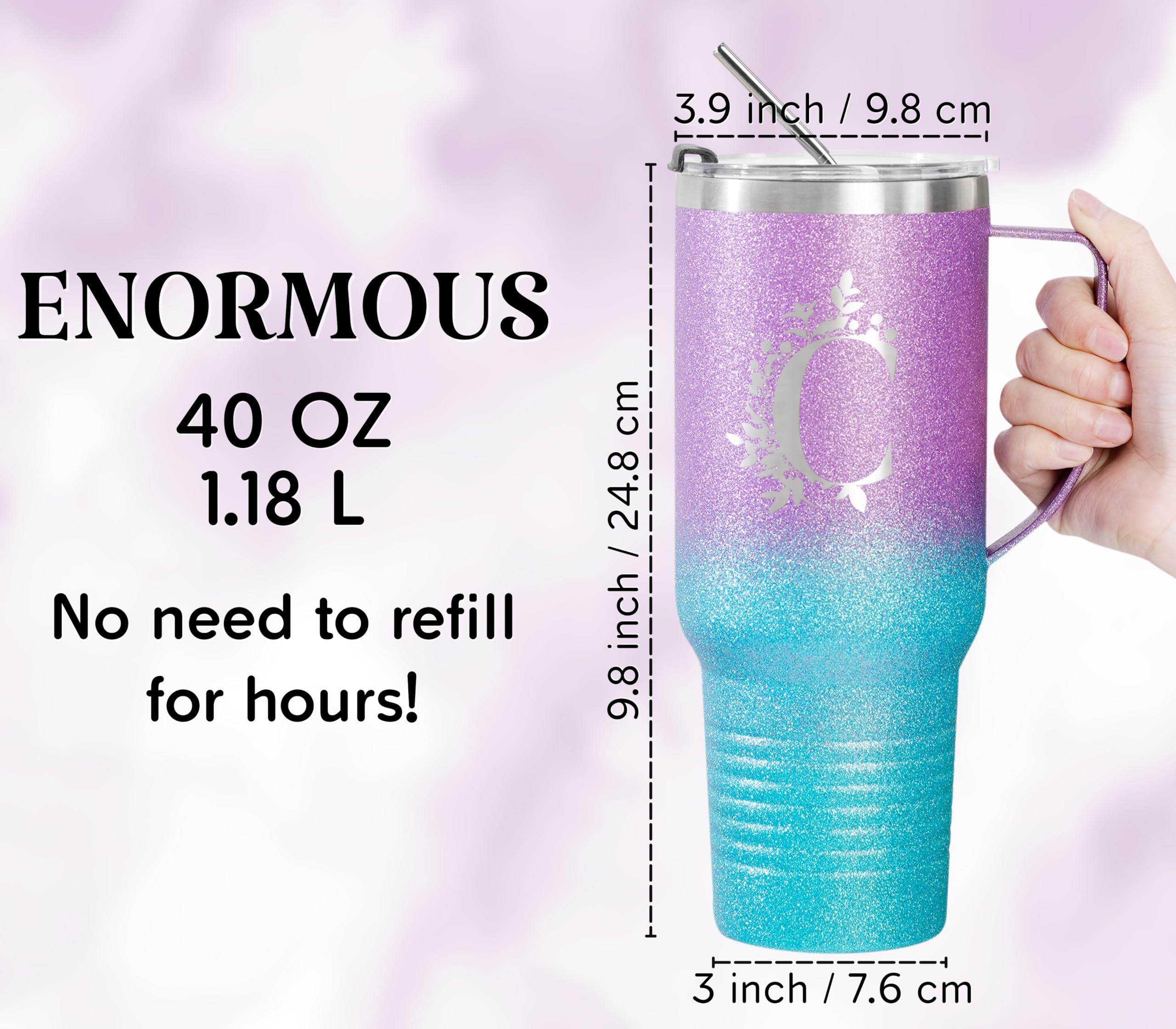Personalized 40 oz Tumbler with Handle for Women, Monogrammed Travel Mugs with Initials, Unique Gifts for Her on Birthdays Christmas, Purple, E