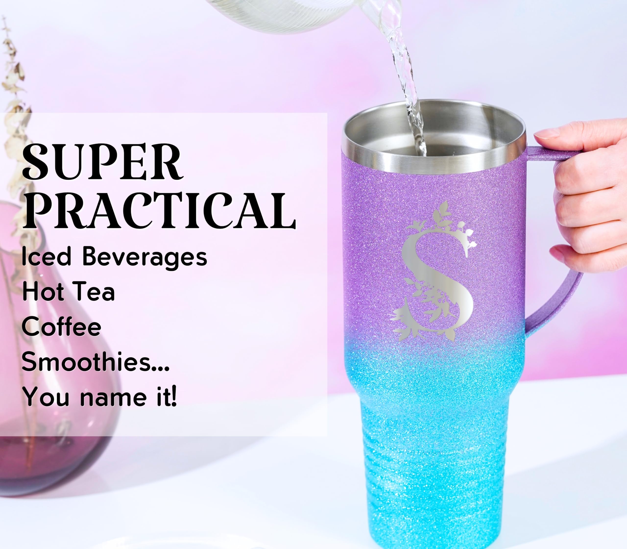 Personalized 40 oz Tumbler with Handle for Women, Monogrammed Travel Mugs with Initials, Unique Gifts for Her on Birthdays Christmas, Purple, E