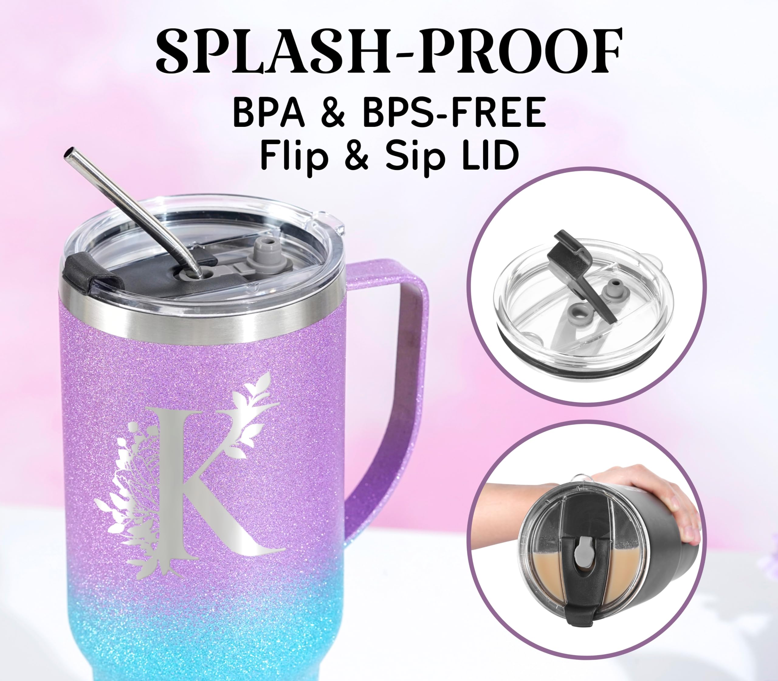 Personalized 40 oz Tumbler with Handle for Women, Monogrammed Travel Mugs with Initials, Unique Gifts for Her on Birthdays Christmas, Purple, E