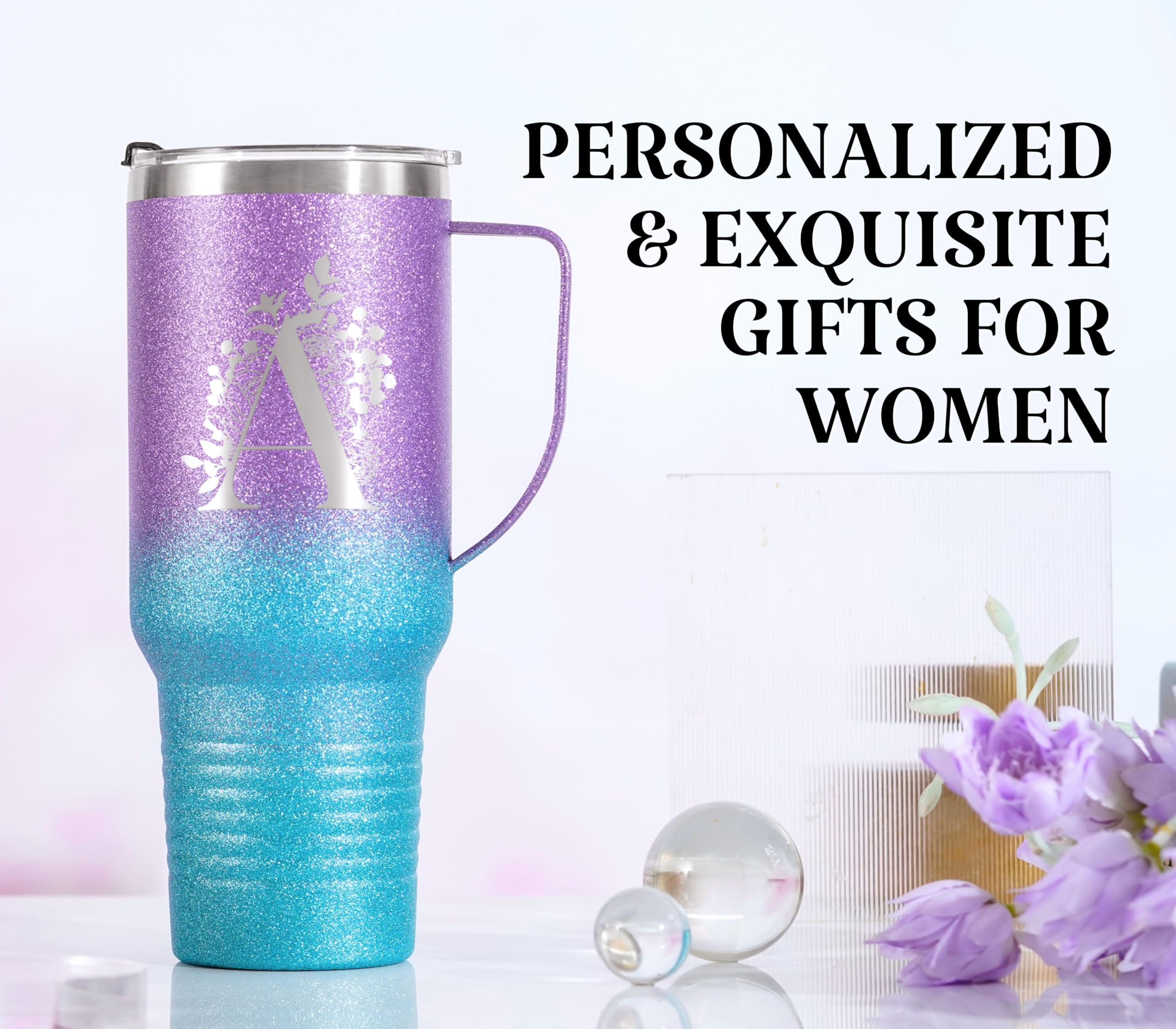 Personalized 40 oz Tumbler with Handle for Women, Monogrammed Travel Mugs with Initials, Unique Gifts for Her on Birthdays Christmas, Purple, E