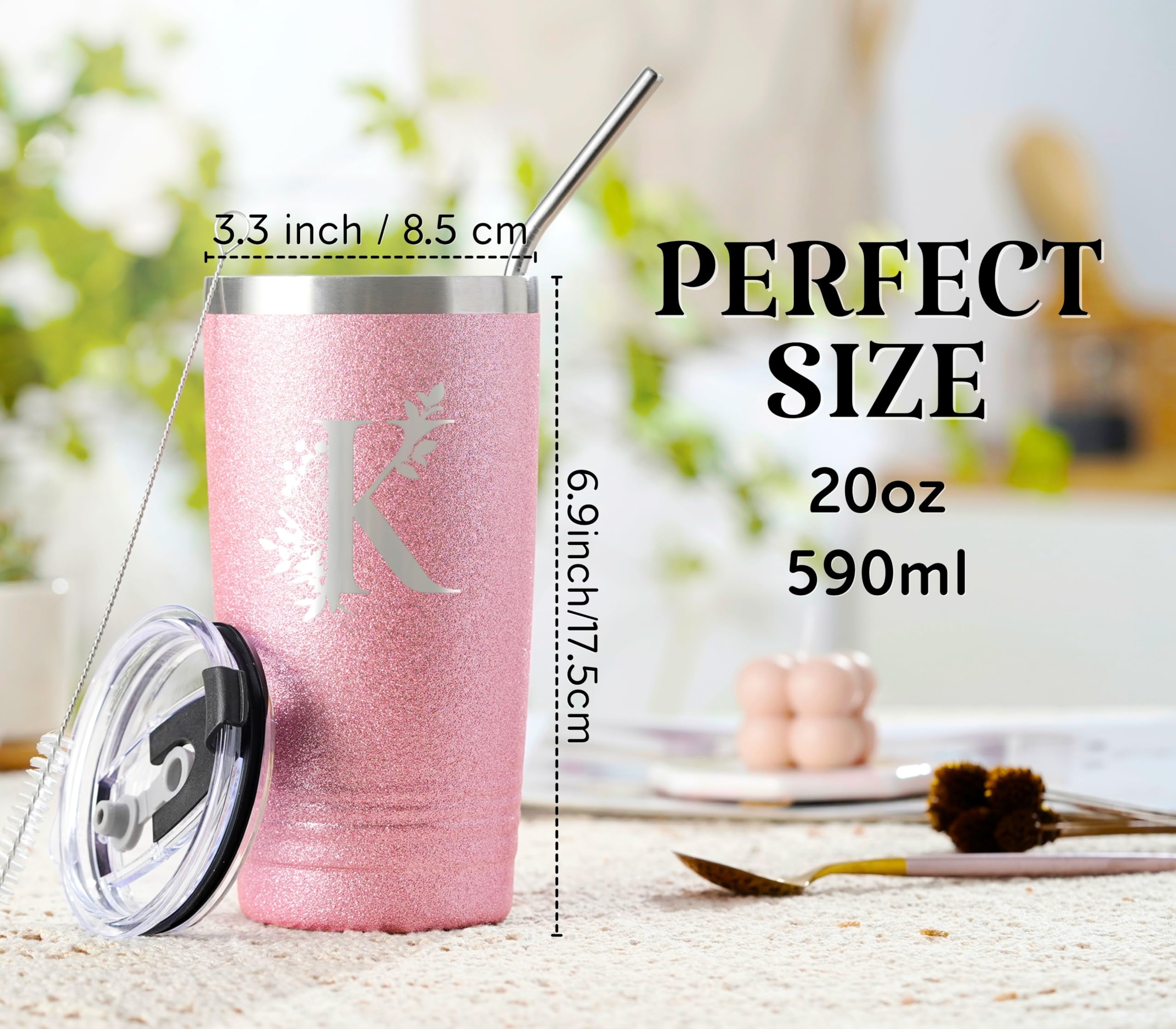 Personalized Tumblers with Lids and Straws for Women, Monogrammed Travel Mugs with Initials, Unique Gifts for Her on Birthdays Xmas, Rose Gold, S