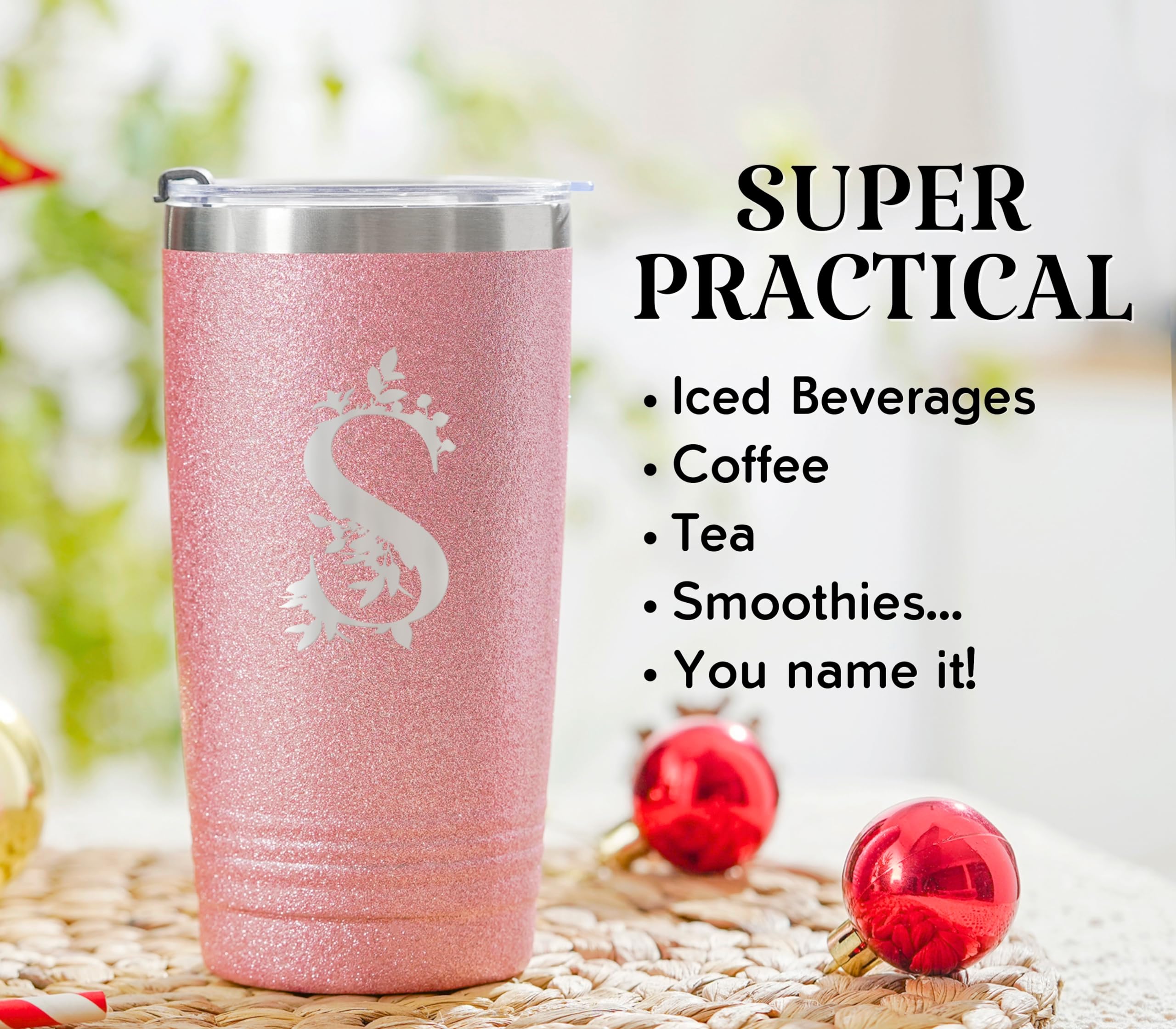 Personalized Tumblers with Lids and Straws for Women, Monogrammed Travel Mugs with Initials, Unique Gifts for Her on Birthdays Xmas, Rose Gold, S