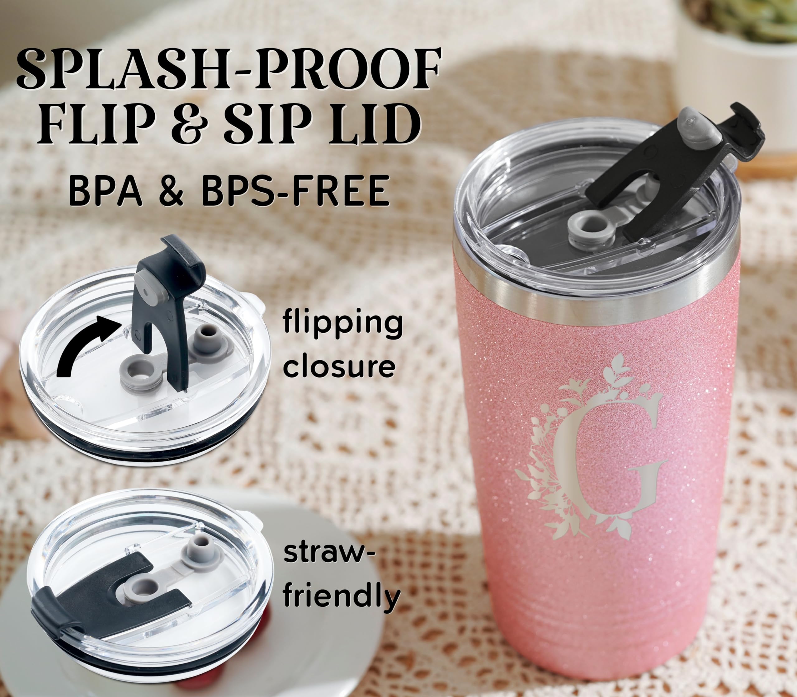 Personalized Tumblers with Lids and Straws for Women, Monogrammed Travel Mugs with Initials, Unique Gifts for Her on Birthdays Xmas, Rose Gold, S