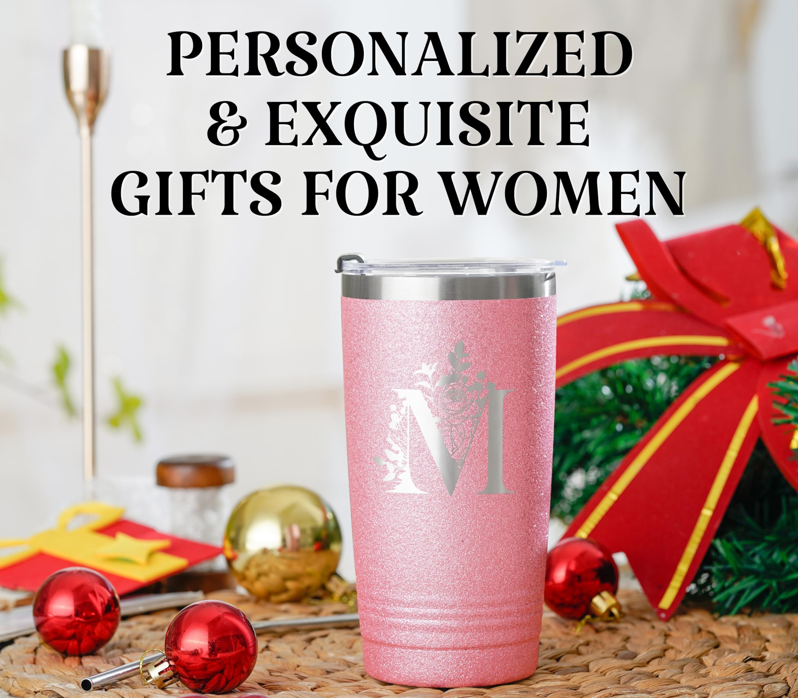 Personalized Tumblers with Lids and Straws for Women, Monogrammed Travel Mugs with Initials, Unique Gifts for Her on Birthdays Xmas, Rose Gold, S