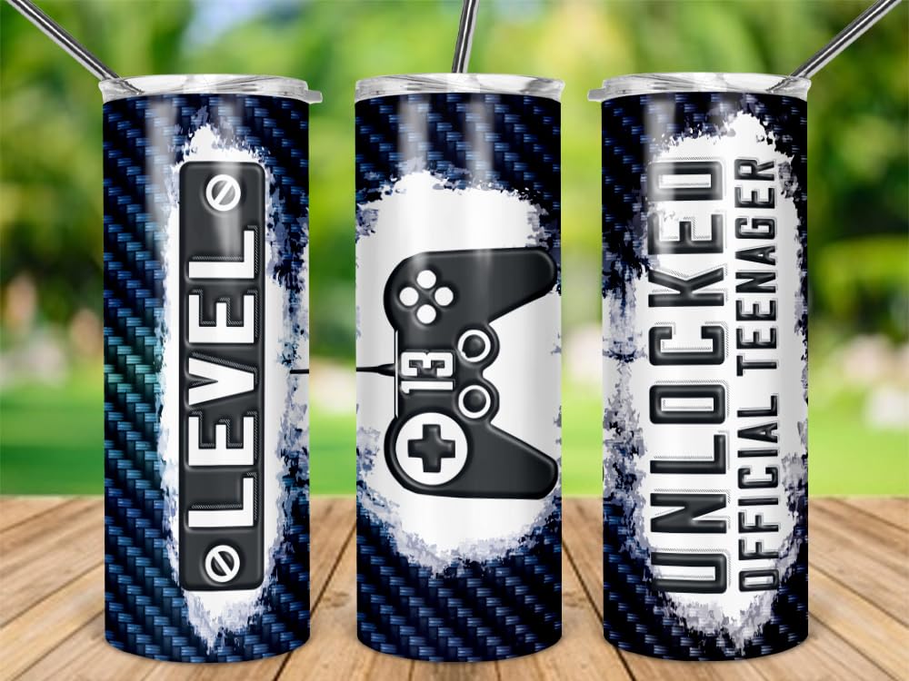 Level 13 Unlocked Official Teenager #1 20oz Stainless Steel Tumbler, Slide Door Lid & Straw Included, Gamer, Birthday, Gift, Great For Keeping Drink Cold or Hot