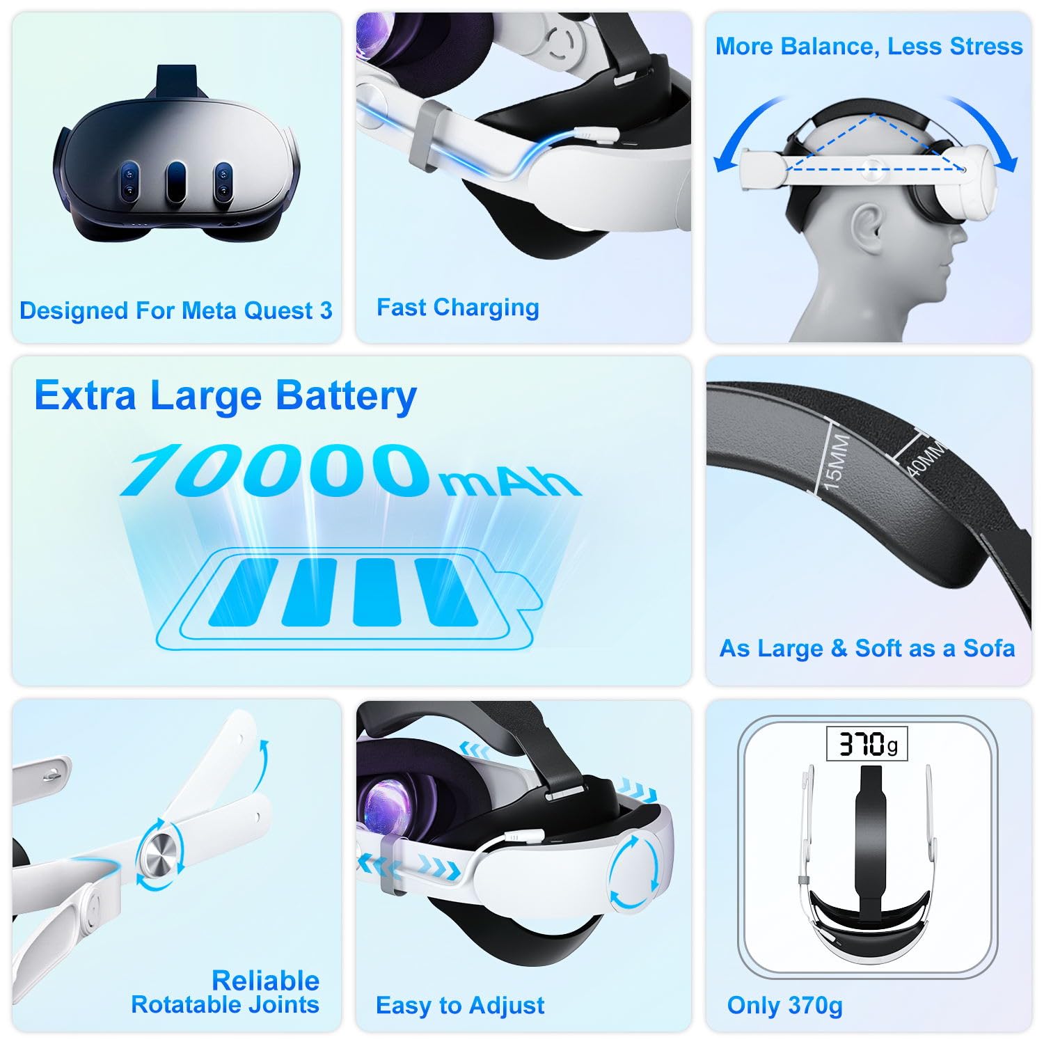 Saqico Head Strap Battery Compatible with Meta Quest 3S/Quest 3-10000mAh Elite Strap with Battery Pack Extend Playtime - Enhanced Support for Quest 3S - Replacement Battery Head Strap Accessories