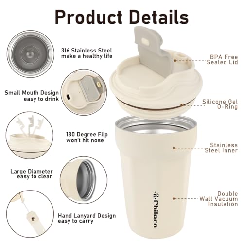 PHILORN Insulated Coffee Mug with Lid, 14 oz Travel Coffee Tumbler Leak Proof Thermal Cup, Stainless Steel Coffee Mug with Double Wall, Reusable Coffee Cup for Hot and Cold Drinks