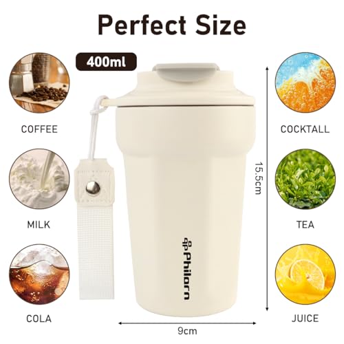PHILORN Insulated Coffee Mug with Lid, 14 oz Travel Coffee Tumbler Leak Proof Thermal Cup, Stainless Steel Coffee Mug with Double Wall, Reusable Coffee Cup for Hot and Cold Drinks