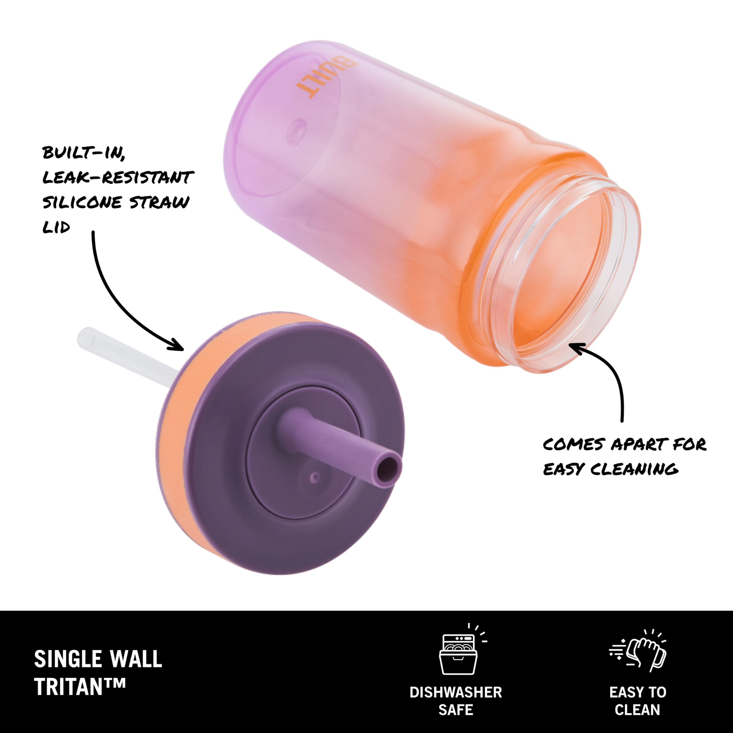 BUILT 16 fl oz Single-Walled Tritan Straw Seal Bedford Tumbler, Straw Lid Spill-resistant Travel Cup Keep Drinks Cold for Home Travel, Purple Sunset