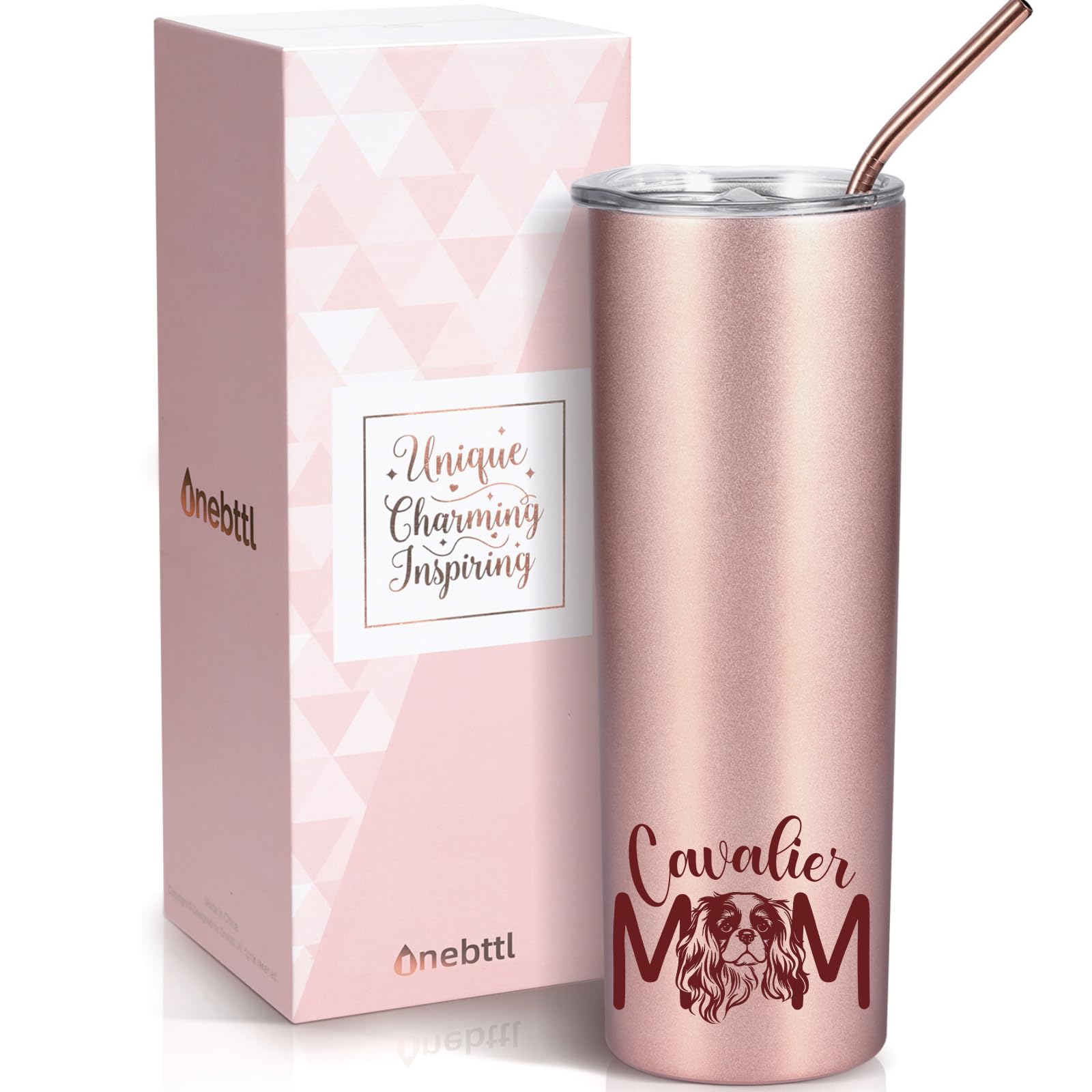 Onebttl Dog Mom Gifts, Dog Lover Gifts for Women, Best Dog Mom Ever, 20 oz Rose Gold Insulated Tumbler - Cavalier Mom