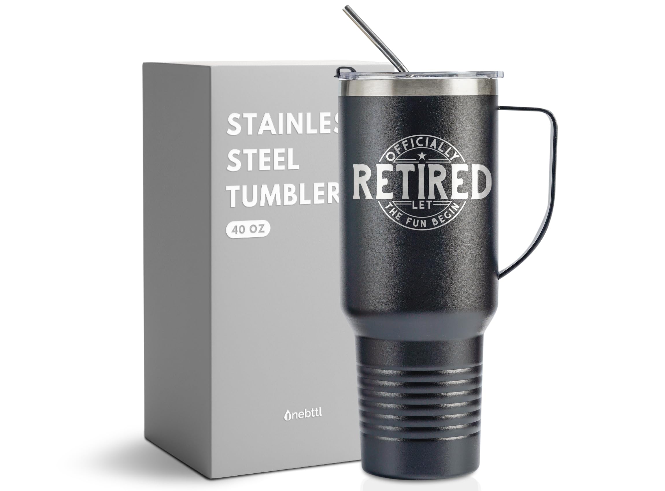 Onebttl Retirement Gifts for Men, Retirement Tumbler for Men 40oz Insulated Travel Cup with Handle, Retired Gifts for Dad, Grandpa, Friends, CoWorker (Black, Officially)