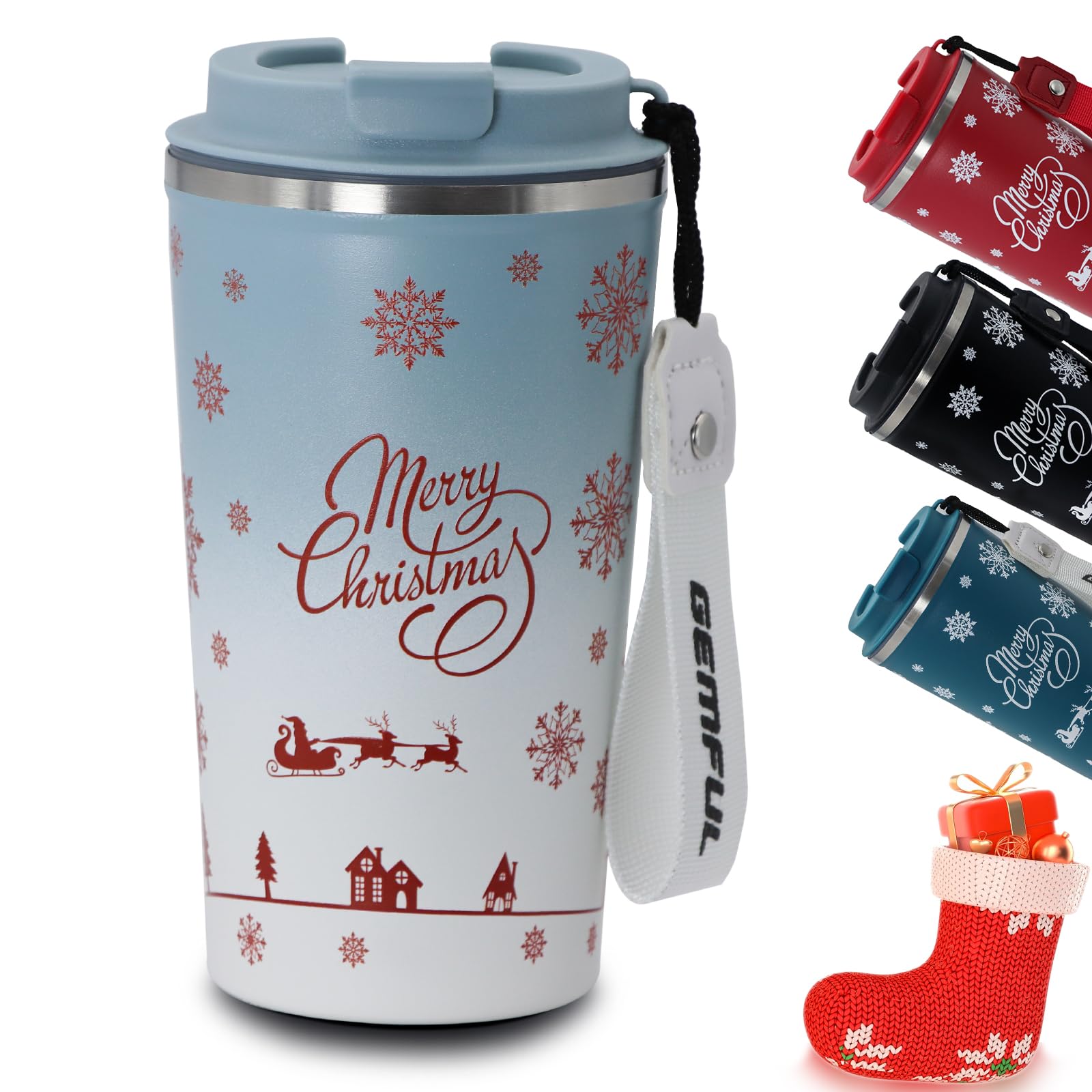 GEMFUL Christmas Coffee Tumbler Screw on Lid 510 ml Stainless Steel Thermal for Women Friends or Coworker