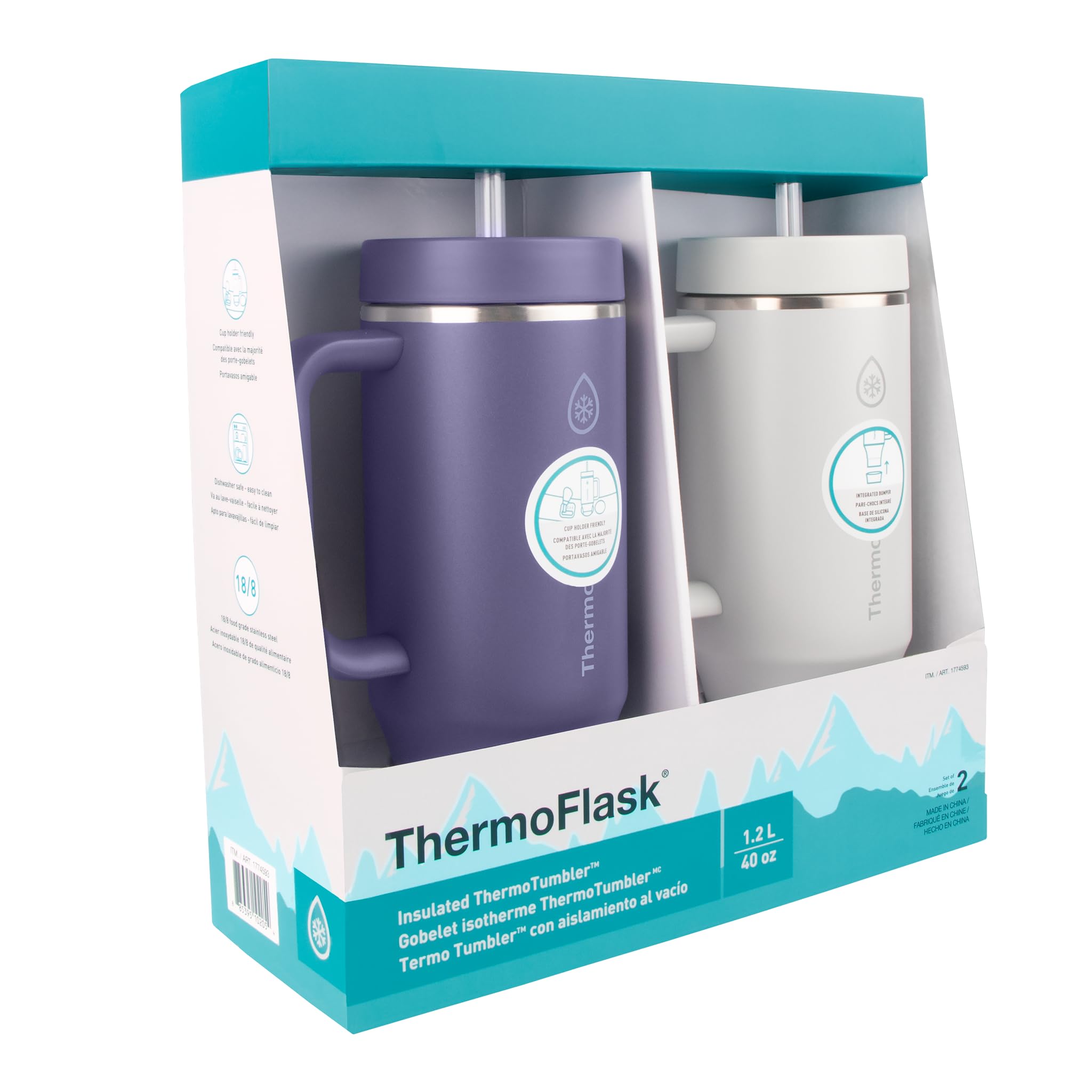 ThermoFlask Tumbler - BPA-Free Water Tumblers with Handles - Durable, Reusable Tumblers with Plastic Lids & Straws - Travel Water Container with Temp-Lock Technology - 40 oz, Purple/Grey (2 Pack)