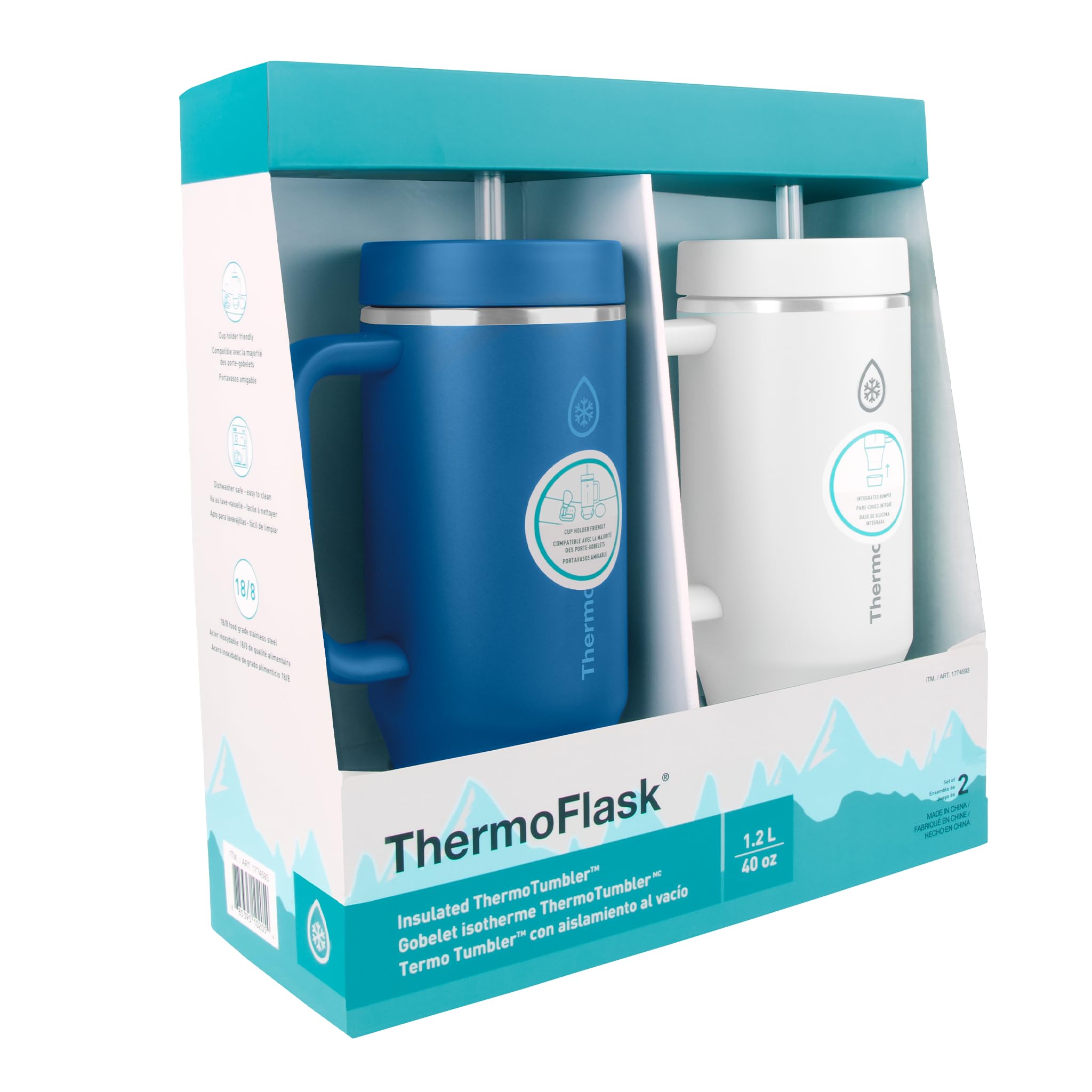Thermoflask Tumbler - BPA-Free Water Tumblers with Handles - Durable, Reusable Tumblers with Plastic Lids & Straws - Travel Water Container with Temp-Lock Technology - 40 oz, Blue/White (2 Pack)