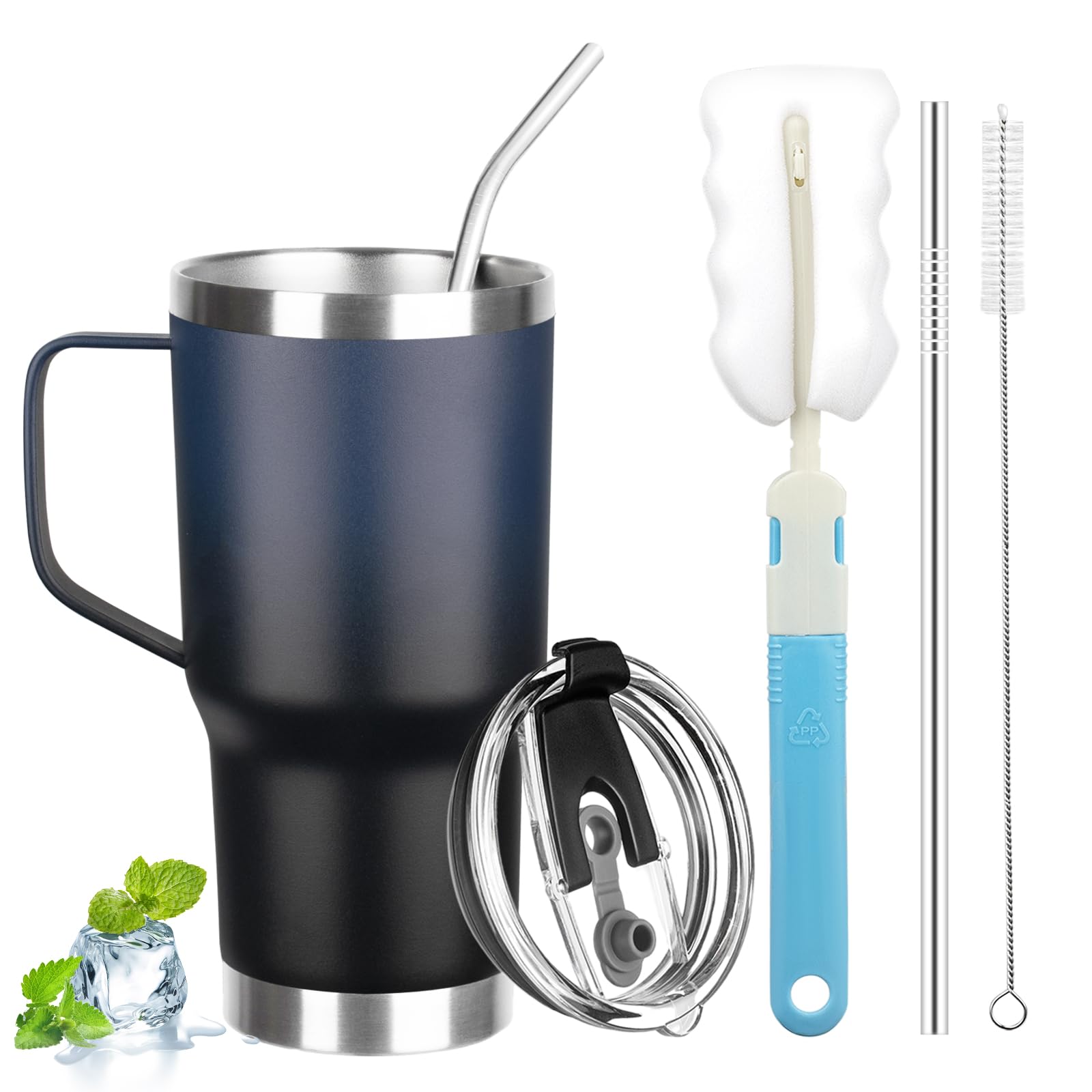 GUDEMAO 20 oz Stainless Steel Tumbler with Handle, Double Wall Vacuum Insulated Coffee Mug Tumbler with Lid and Straw, Thermal Cup for Cold and Hot (Blue Black)