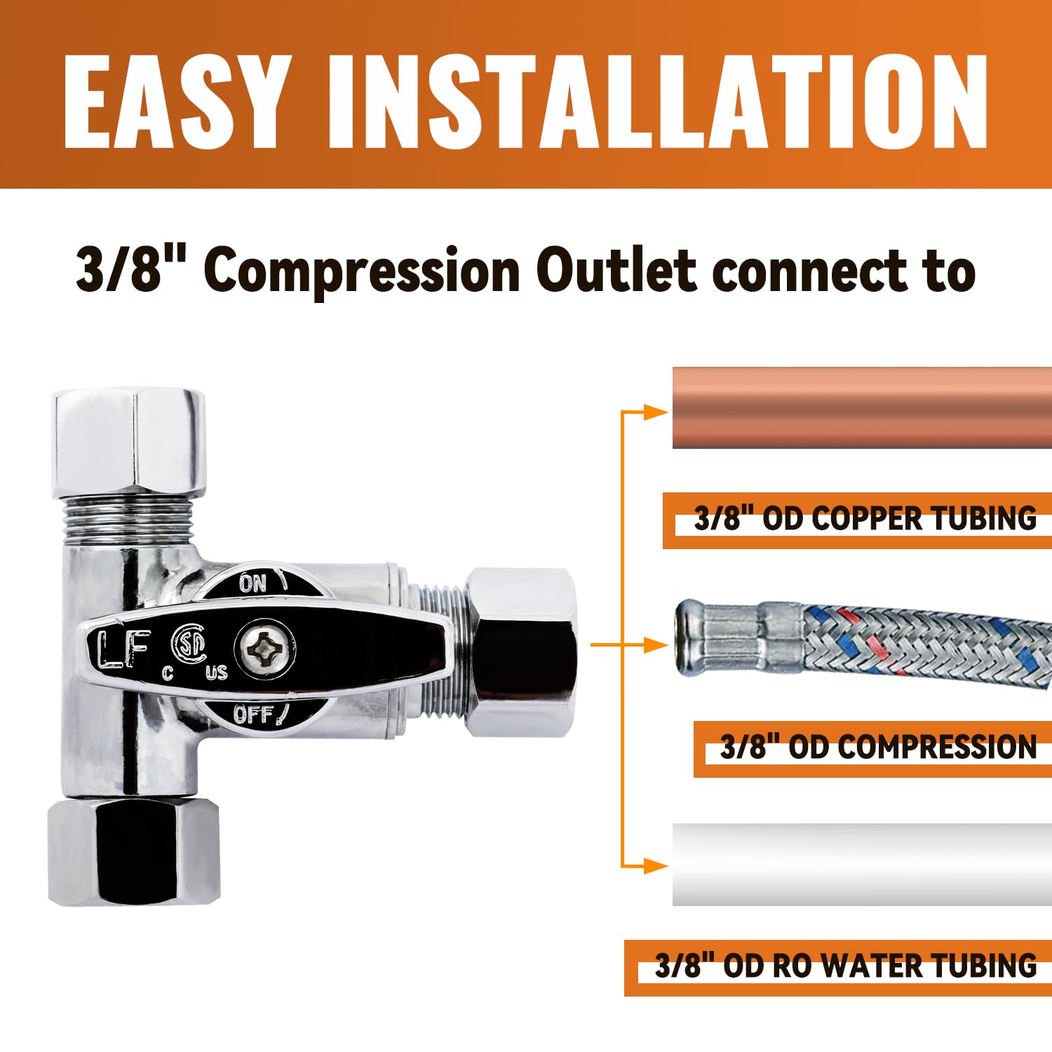 SUNGATOR Tee Stop Valve, 3/8" Angle Stop Valve with Tape for Faucet, Glass Rinser, Dishwasher, Reverse Osmosis, Washing Machine