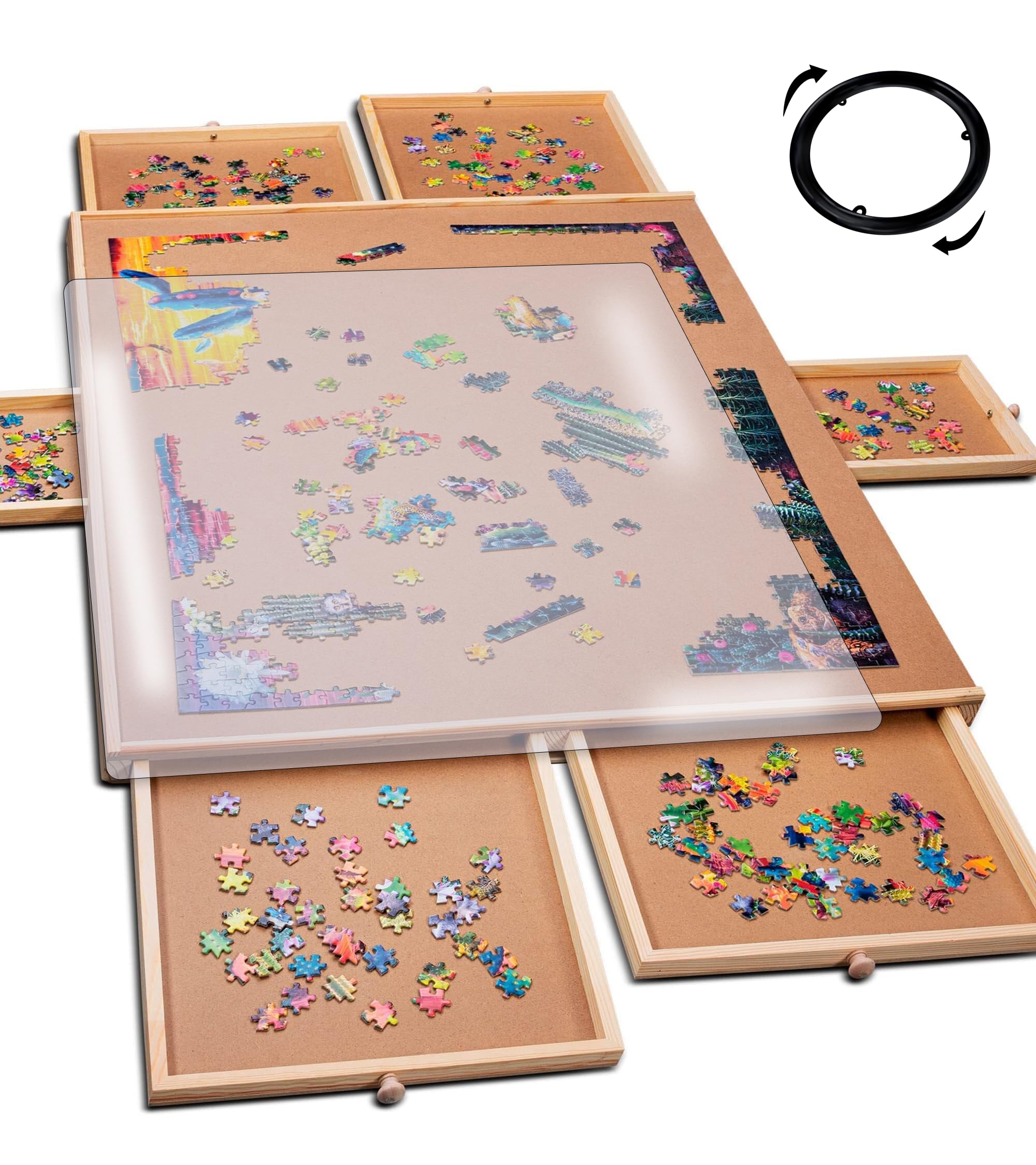 PlayVibe 1500 Piece Rotating Puzzle Board with Drawers and Cover - Sturdy Jigsaw Puzzle Table with 6 Drawers 26" x 35" - Portable Puzzles Boards with Lazy Susan, Wooden, Spinning Puzzles Accessories