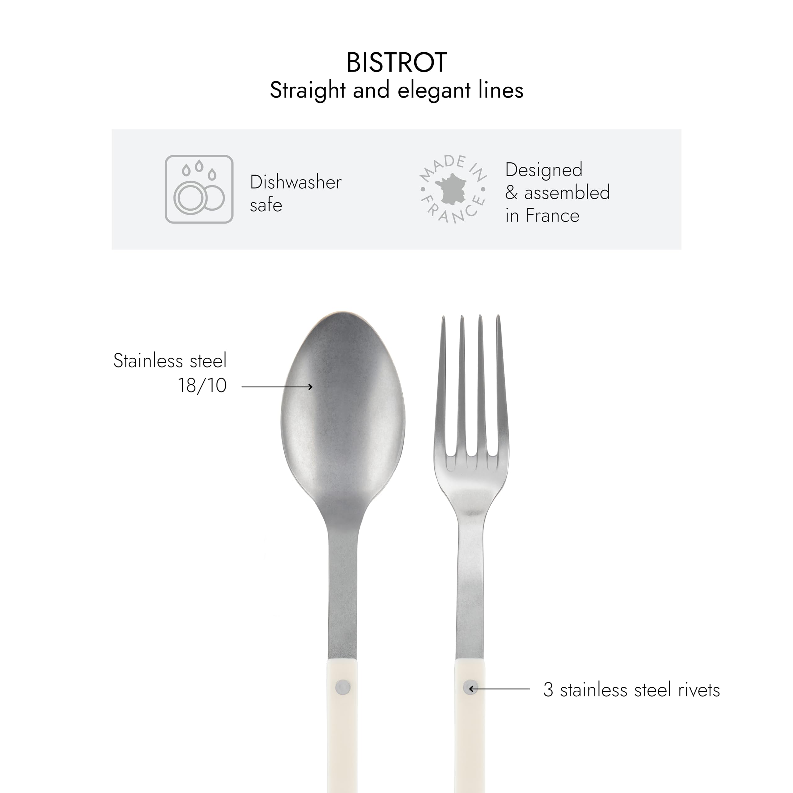 SABRE PARIS - 2-Piece Serving Set - Bistrot Vintage Collection - Large Fork & Large Spoon - Stainless Steel & Nylon - Dishwasher Safe - Ivory - Mat Finish