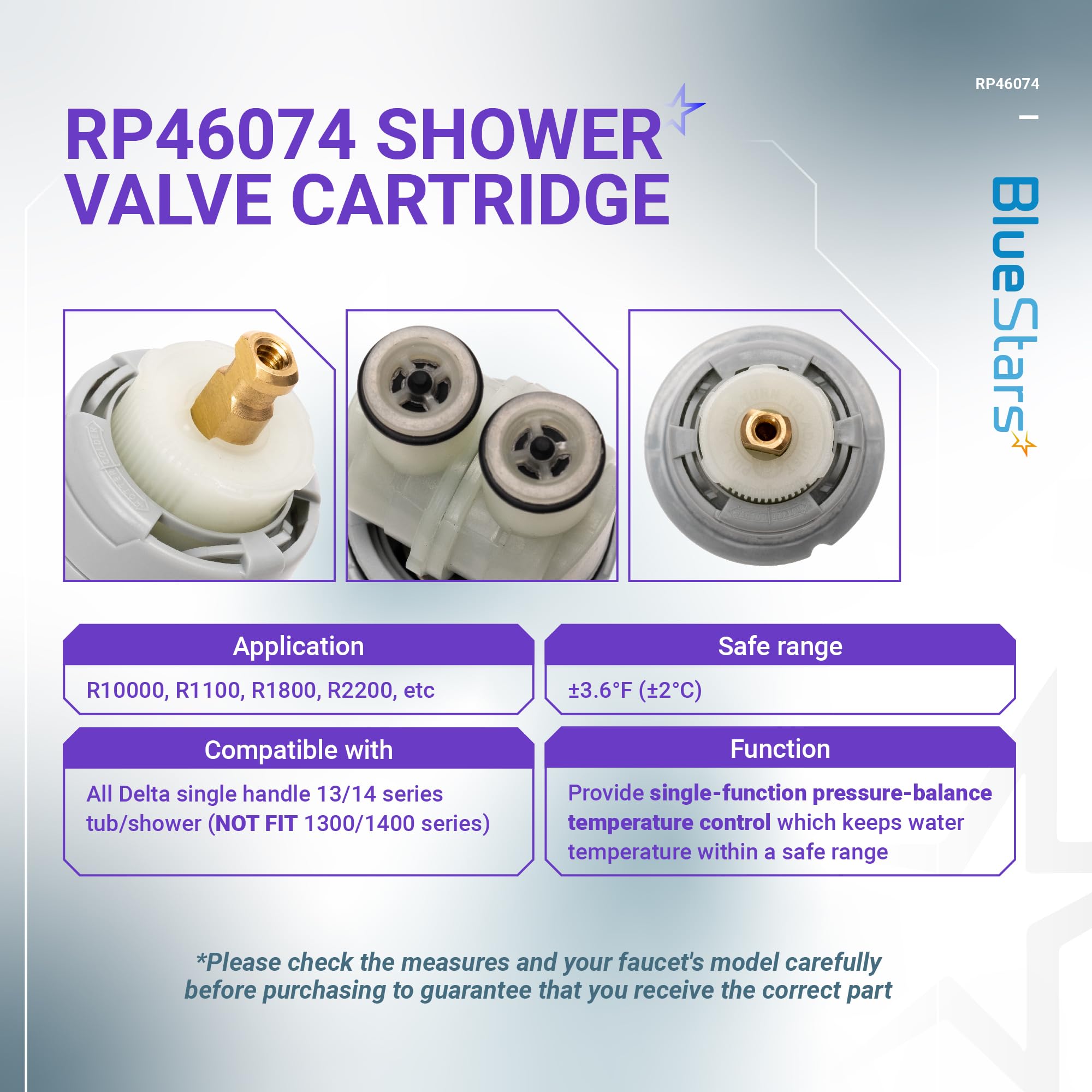 BlueStars RP46074 Shower Valve Cartridge - Single-Function Pressure-Balance Temperature Control- Compatible with Shower and Tub 13/14 Series Faucet