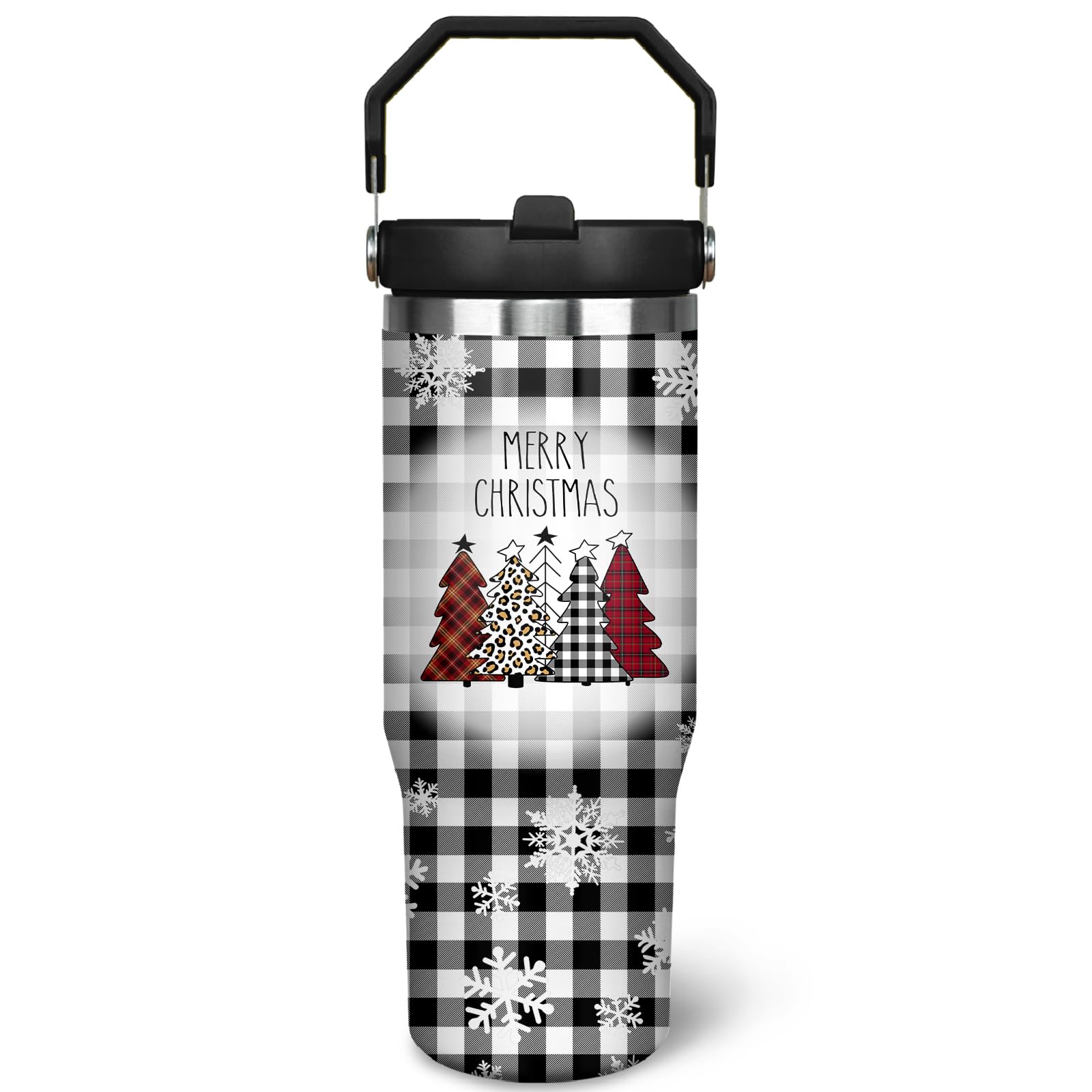30oz Christmas Tumbler with Handle and Straw, Stainless Steel Vacuum Insulated Flip Straw 30 oz Christmas Tree Coffee Tumbler, Spill Proof Travel Mug, Merry Christmas Decor Gifts for Women
