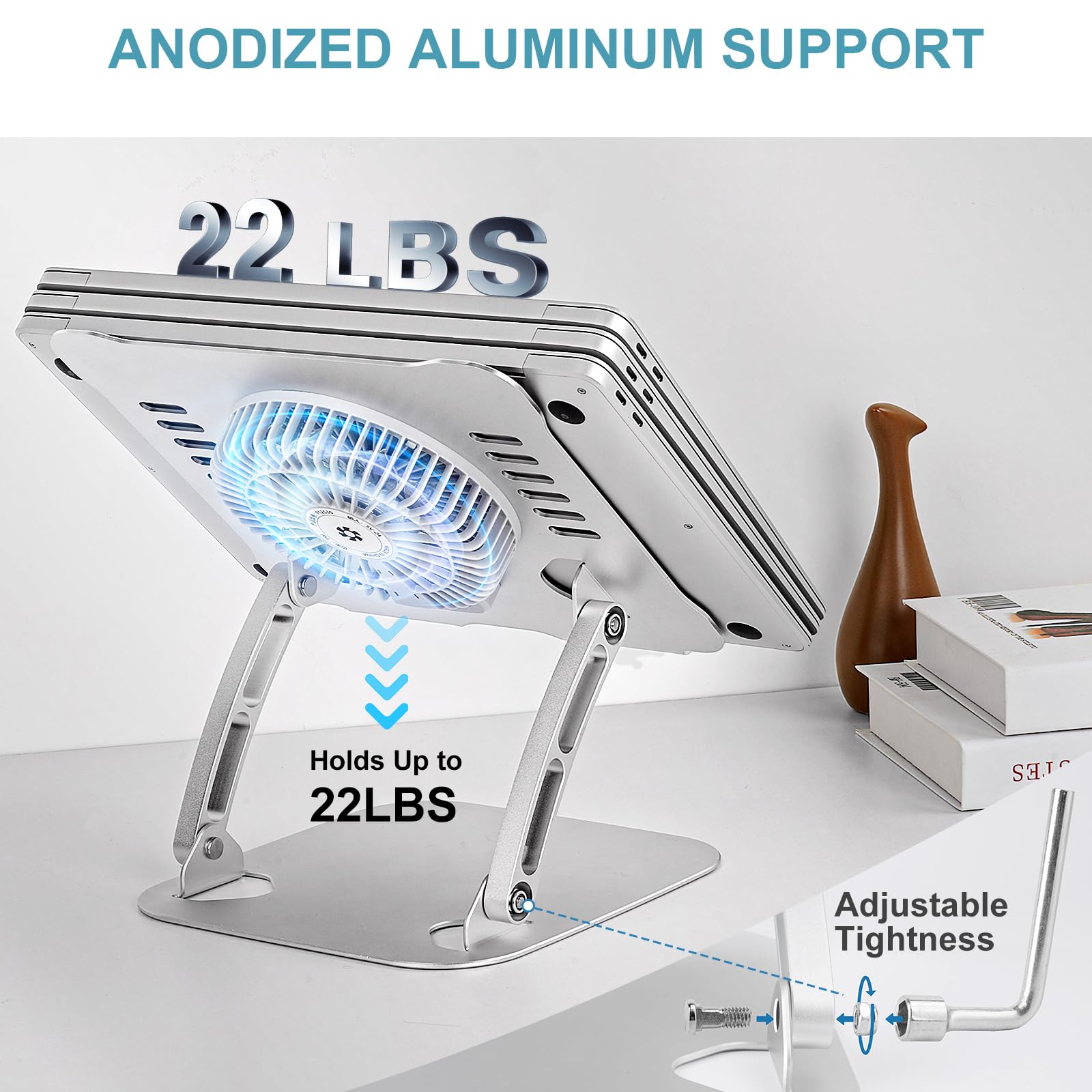 SHUWEI 360° Rotating Laptop Cooling Stand with 3 Speed Fan, Adjustable Height Laptop Stand for Desk, Ergonimic Aluminum Laptop Cooling Pad for 10-15'' Notebook - Silver