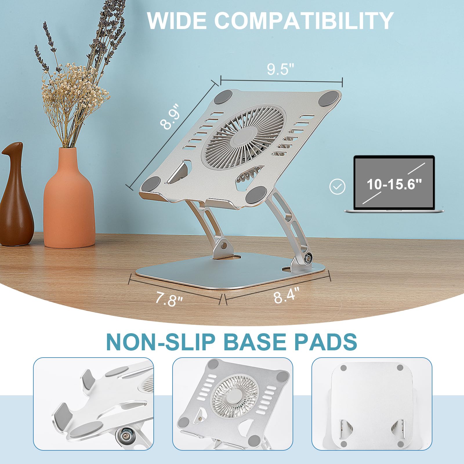SHUWEI 360° Rotating Laptop Cooling Stand with 3 Speed Fan, Adjustable Height Laptop Stand for Desk, Ergonimic Aluminum Laptop Cooling Pad for 10-15'' Notebook - Silver