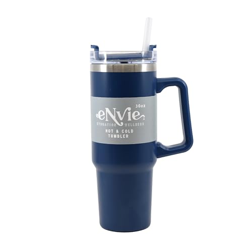 Envie 30 oz Tumbler Mug with Lid and Straw, Reusable Insulated Mug with Handle, Stainless Steel Tumbler for Iced & Hot Beverages, Navy Blue