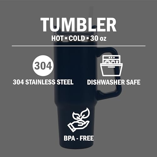 Envie 30 oz Tumbler Mug with Lid and Straw, Reusable Insulated Mug with Handle, Stainless Steel Tumbler for Iced & Hot Beverages, Navy Blue