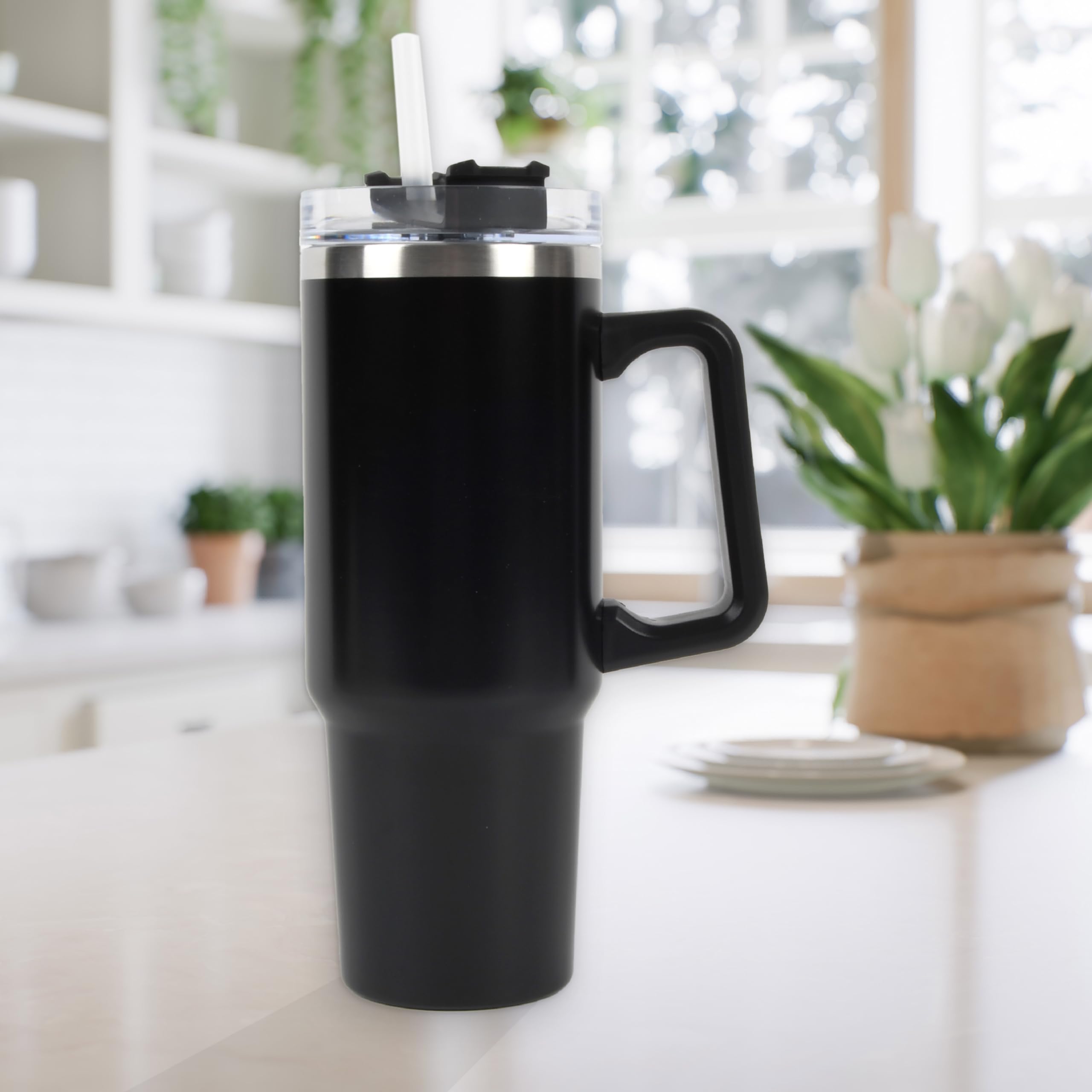 Envie 30 oz Tumbler Mug with Lid and Straw, Reusable Insulated Mug with Handle, Stainless Steel Tumbler for Iced & Hot Beverages, Black