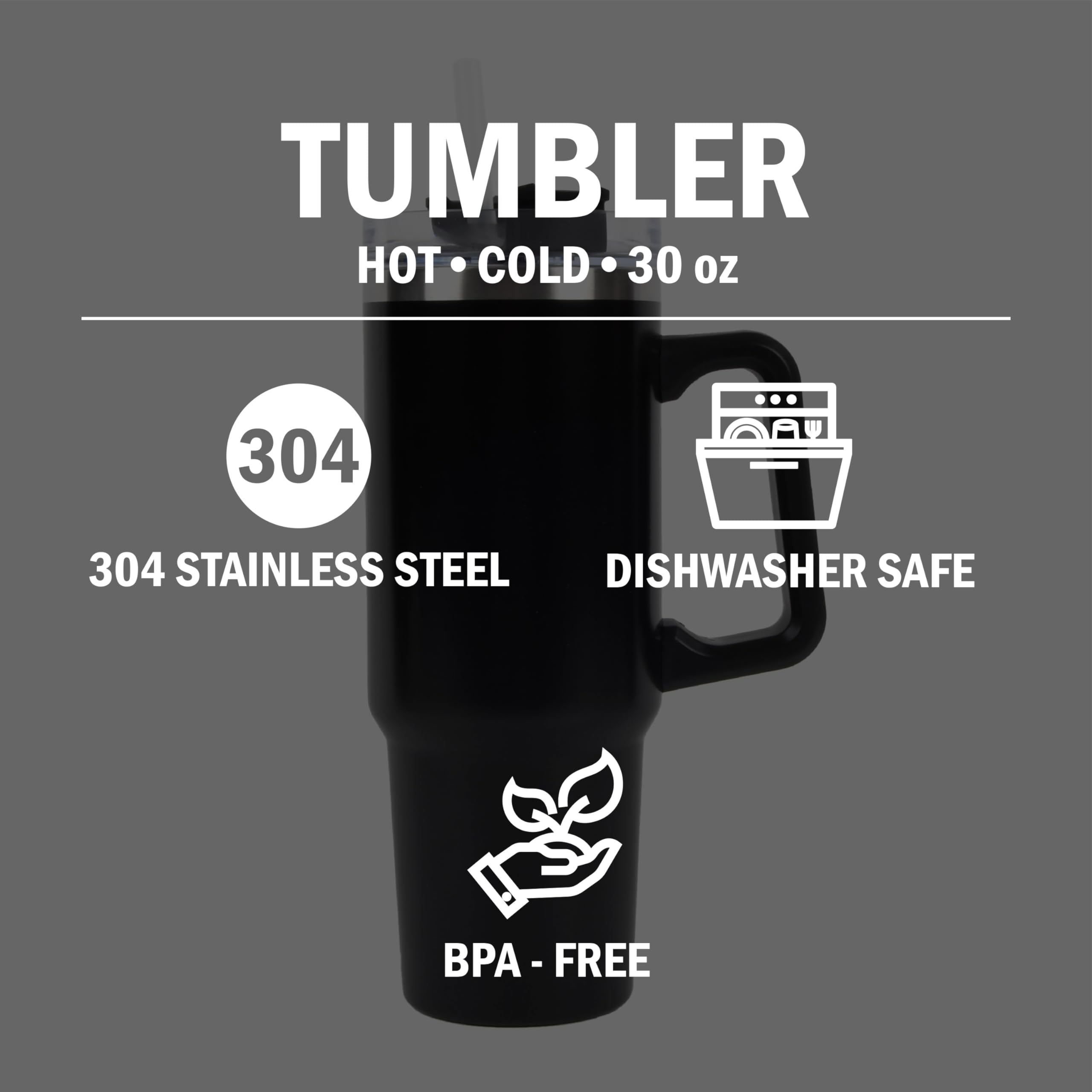 Envie 30 oz Tumbler Mug with Lid and Straw, Reusable Insulated Mug with Handle, Stainless Steel Tumbler for Iced & Hot Beverages, Black