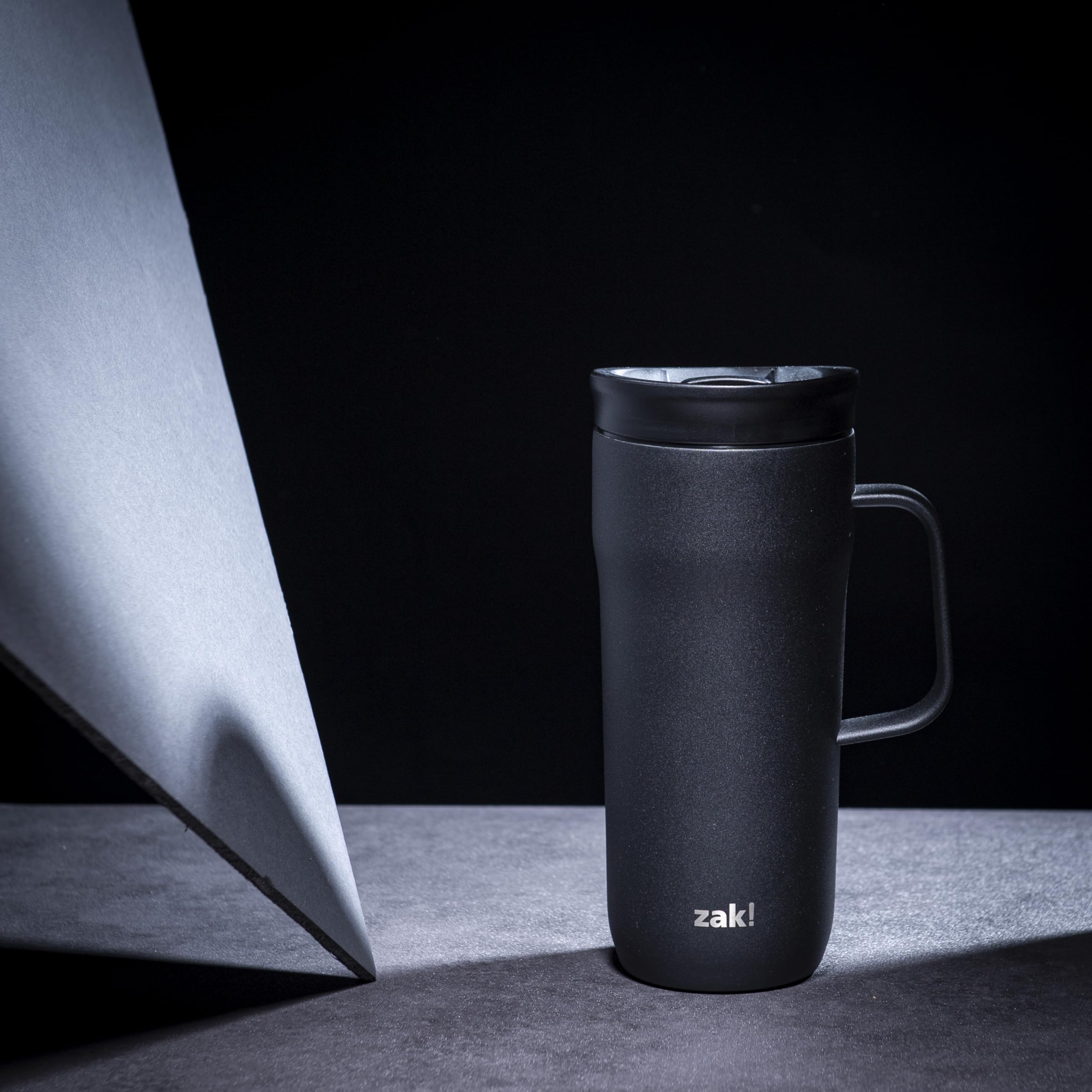 Zak Designs Harmony Tumbler for Travel or At Home, 20oz Recycled Stainless Steel is Splash-Proof and Vacuum Insulated with Slide Lid and Handle (Ebony Black)