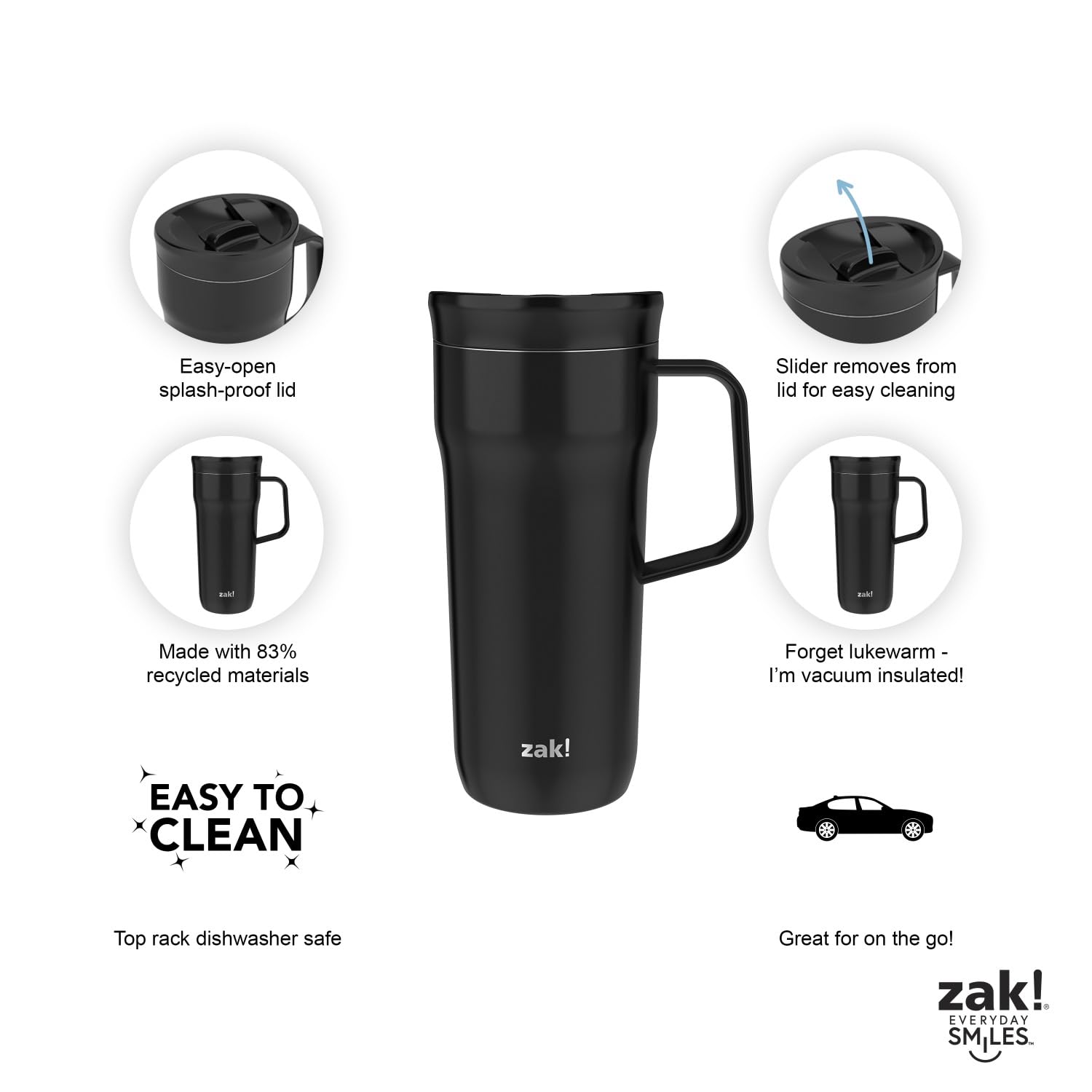 Zak Designs Harmony Tumbler for Travel or At Home, 20oz Recycled Stainless Steel is Splash-Proof and Vacuum Insulated with Slide Lid and Handle (Ebony Black)
