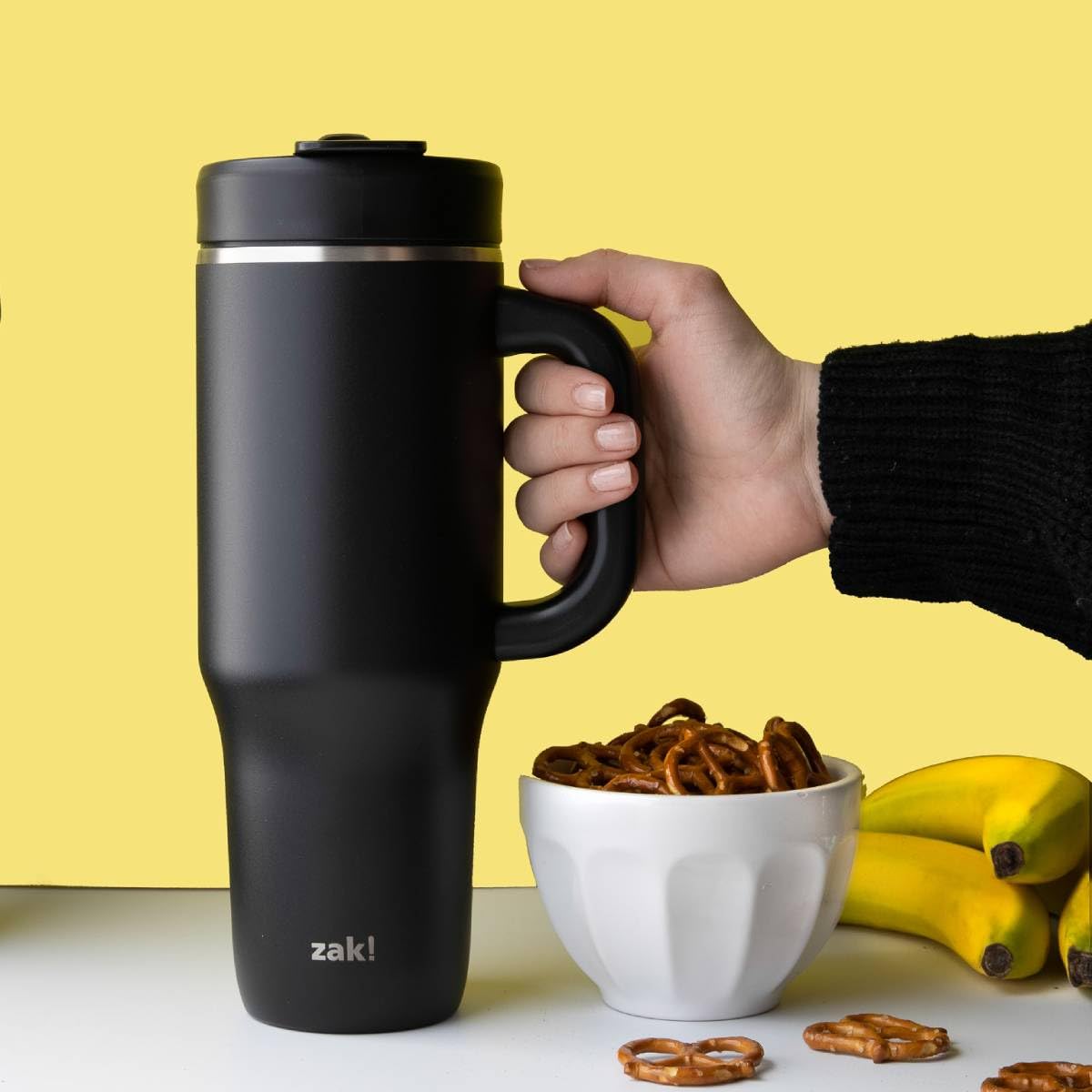 Zak Designs Harmony 2-in-1 Coffee Tumbler for Travel or At Home, 40oz Recycled Stainless Steel is Leak-Proof When Closed and Vacuum Insulated with Handle (Ebony Black)