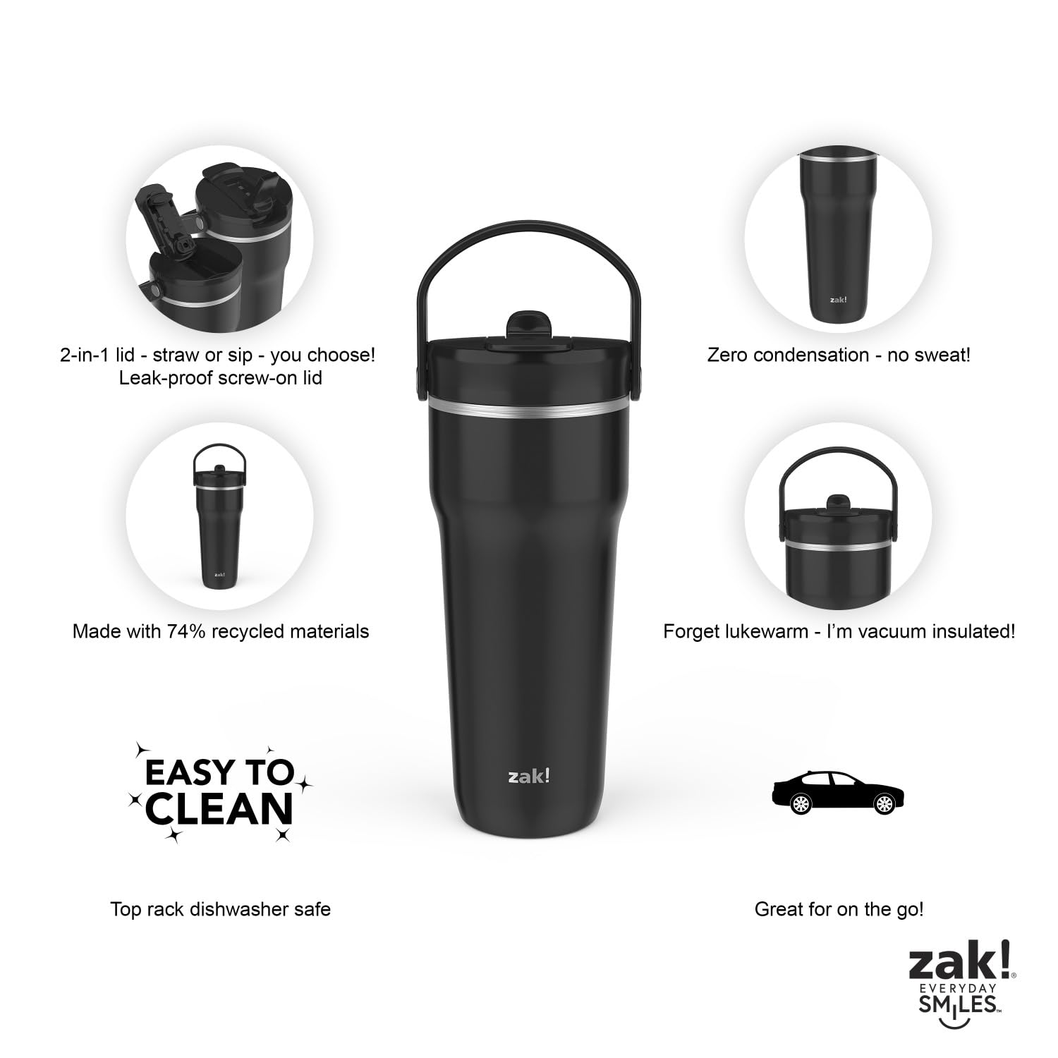 Zak Designs Harmony 2-in-1 Coffee Tumbler for Travel or At Home, 30oz Recycled Stainless Steel is Leak-Proof When Closed and Vacuum Insulated with Handle (Ebony Black)