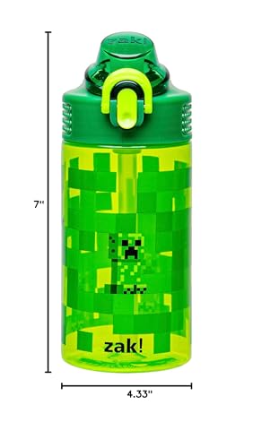 Zak Designs Sage Minecraft Kids Water Bottle For School or Travel, 16oz Durable Plastic Water Bottle With Straw, Handle, and Leak-Proof, Pop-Up Spout Cover (Creeper)