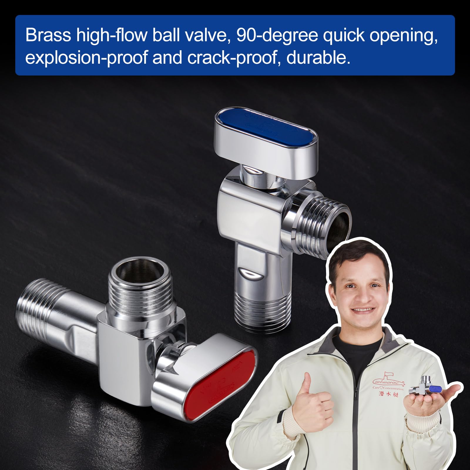 SUBMARINE Angle Stop Valve, Brass Material, 1/2'' Inlet and Outlet Caliber, 1/4 Turn Shut Off Valve, With 3/8'' Adapter, Hot and Cold Water, Suitable for Kitchen, Bathroom and Pipeline
