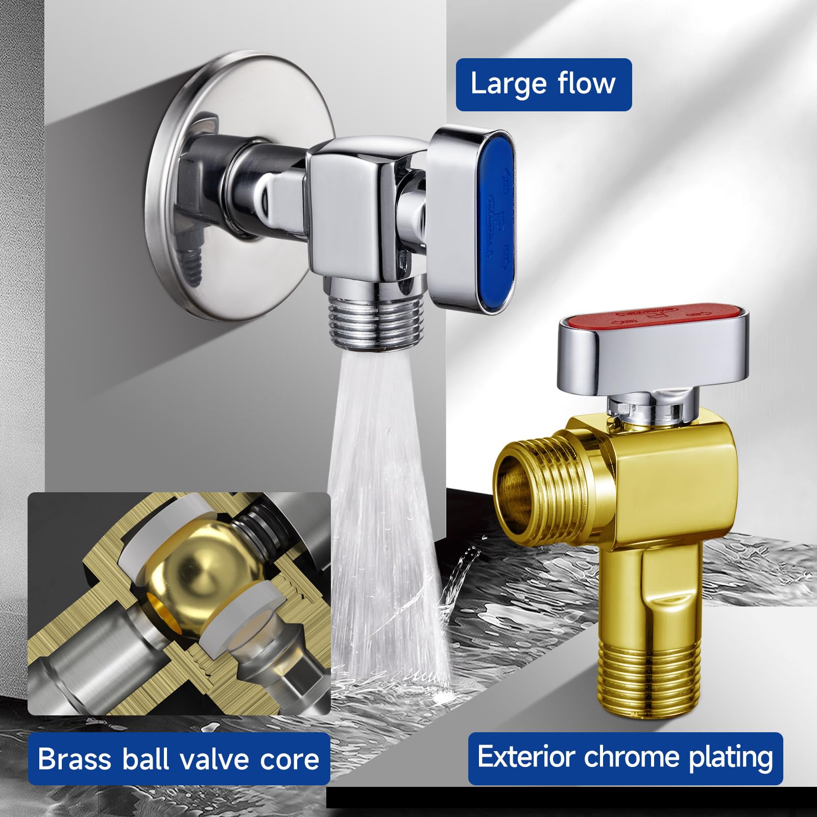 SUBMARINE Angle Stop Valve, Brass Material, 1/2'' Inlet and Outlet Caliber, 1/4 Turn Shut Off Valve, With 3/8'' Adapter, Hot and Cold Water, Suitable for Kitchen, Bathroom and Pipeline