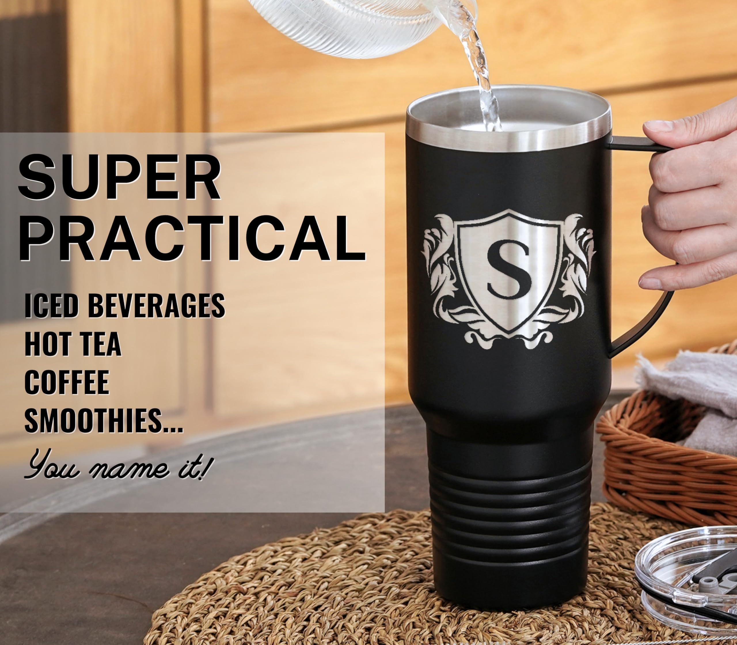 Personalized Coffee Mug with Initials, Monogrammed Travel Tumbler for Him, Custom Cups, Unique Birthday Christmas Gifts for Men Who Have Everything, 40 oz Insulated Travel Cup with Handle, A