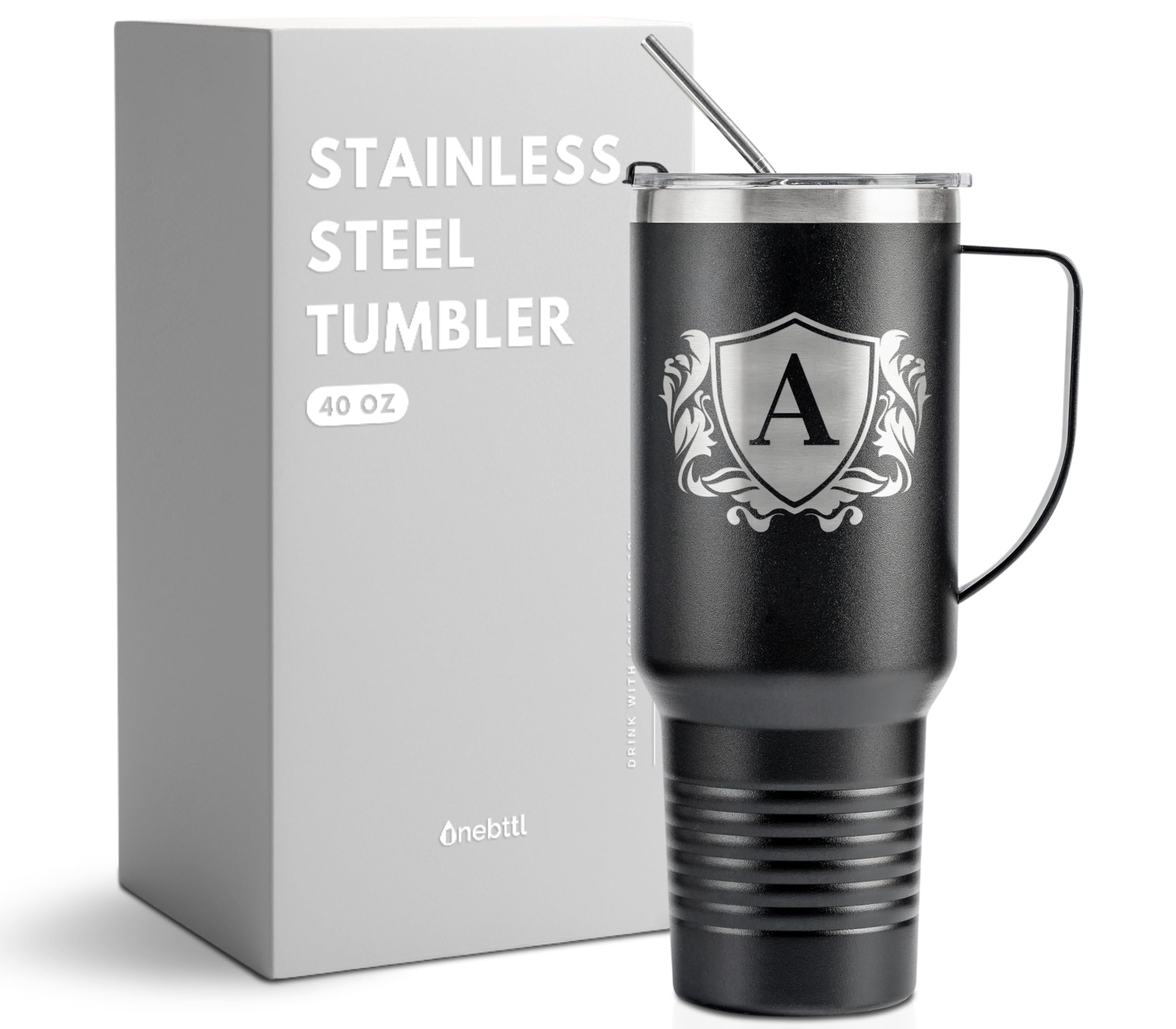Personalized Coffee Mug with Initials, Monogrammed Travel Tumbler for Him, Custom Cups, Unique Birthday Christmas Gifts for Men Who Have Everything, 40 oz Insulated Travel Cup with Handle, A