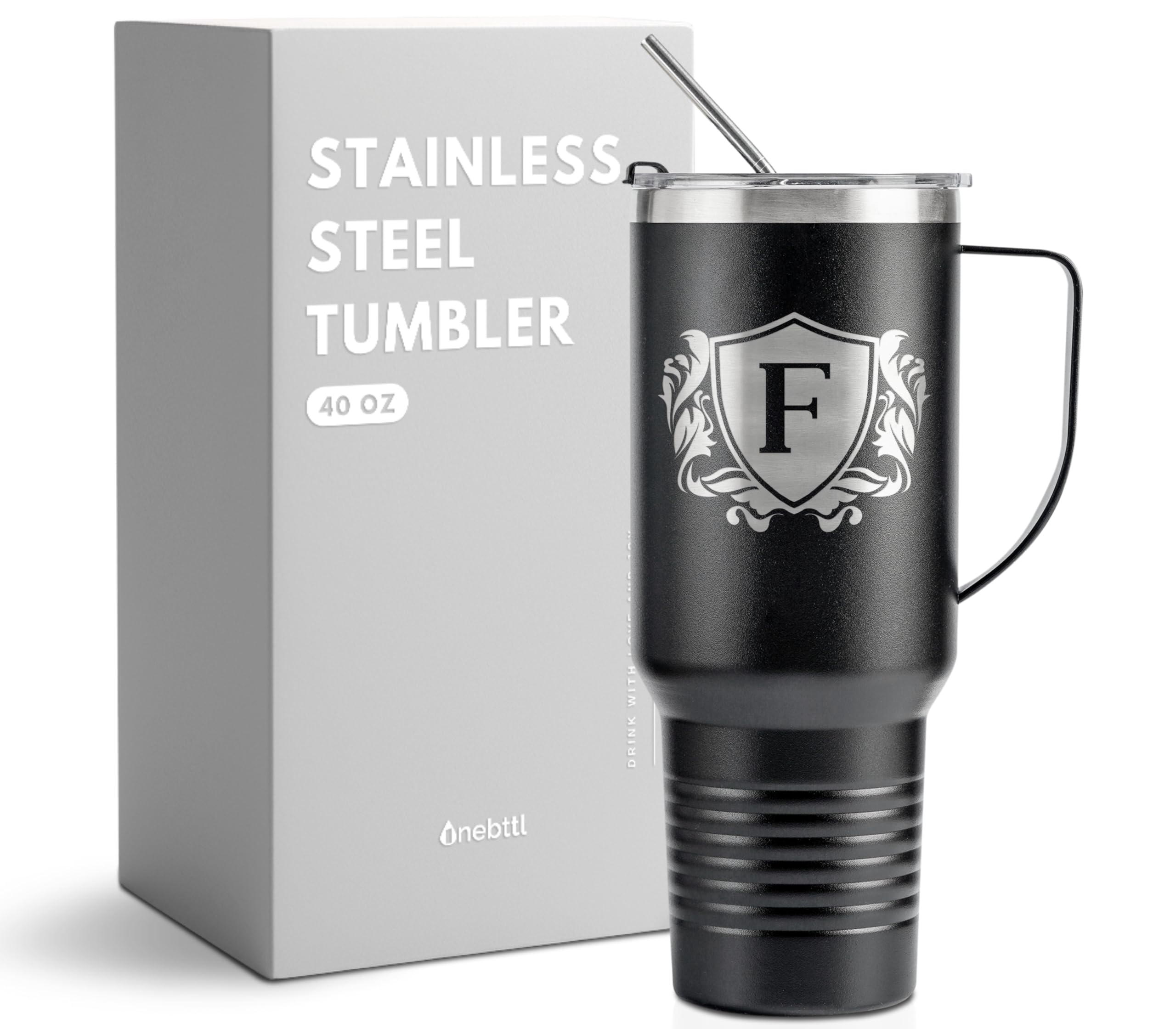 Personalized Coffee Mug with Initials, Monogrammed Travel Tumbler for Him, Custom Cups, Unique Birthday Christmas Gifts for Men Who Have Everything, 40 oz Insulated Travel Cup with Handle, F