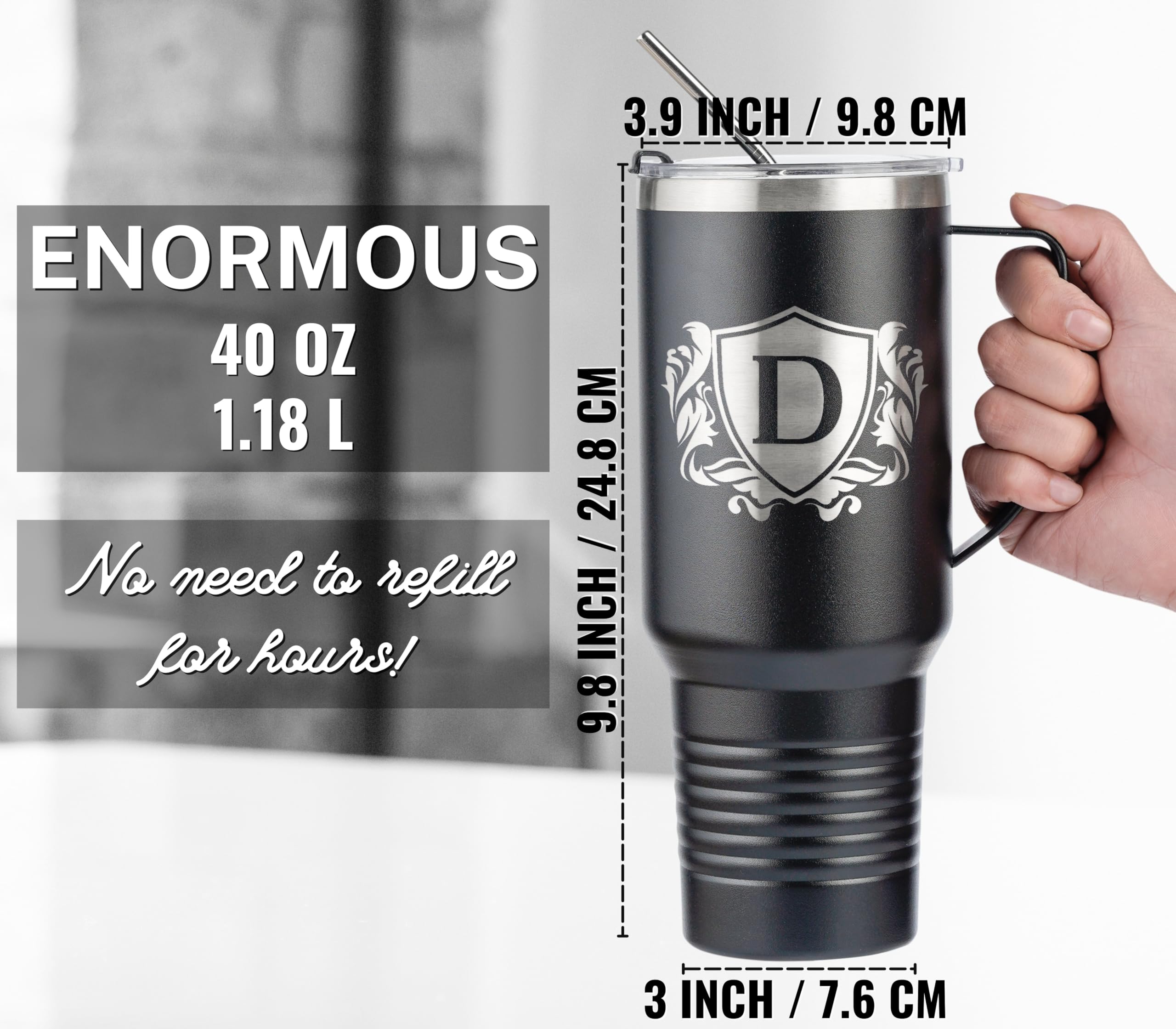 Personalized Coffee Mug with Initials, Monogrammed Travel Tumbler for Him, Custom Cups, Unique Birthday Christmas Gifts for Men Who Have Everything, 40 oz Insulated Travel Cup with Handle, J