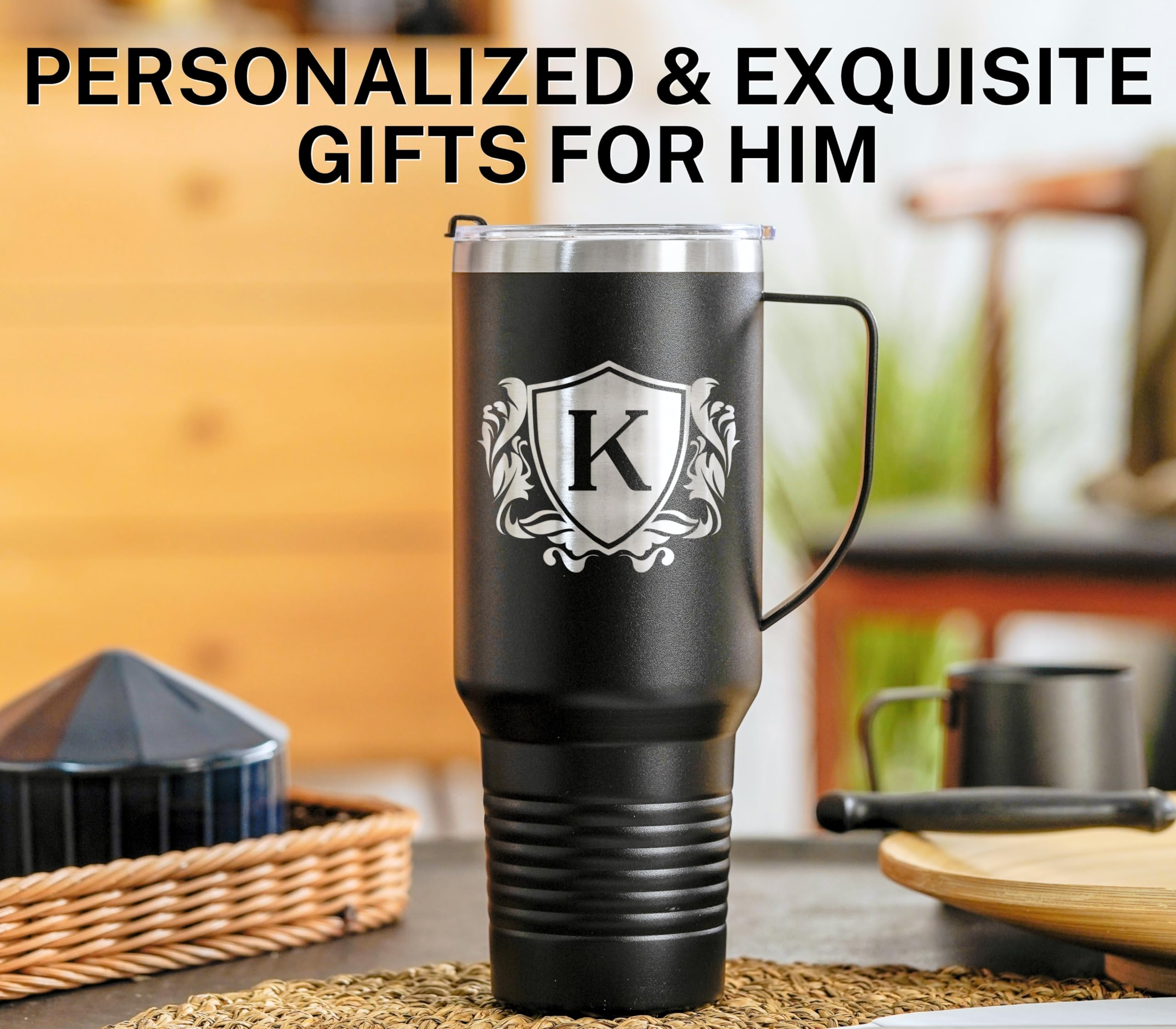 Personalized Coffee Mug with Initials, Monogrammed Travel Tumbler for Him, Custom Cups, Unique Birthday Christmas Gifts for Men Who Have Everything, 40 oz Insulated Travel Cup with Handle, K