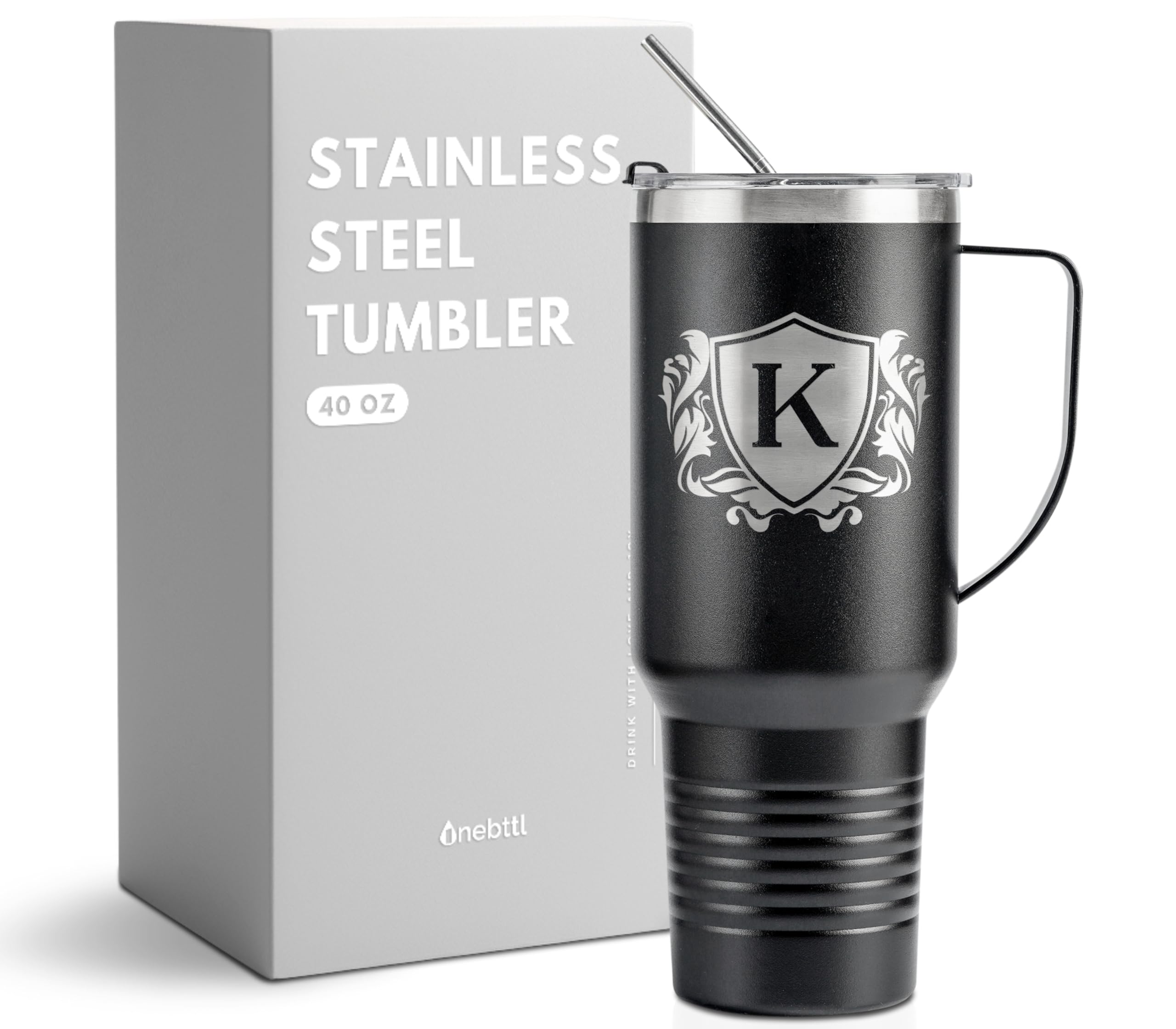 Personalized Coffee Mug with Initials, Monogrammed Travel Tumbler for Him, Custom Cups, Unique Birthday Christmas Gifts for Men Who Have Everything, 40 oz Insulated Travel Cup with Handle, K