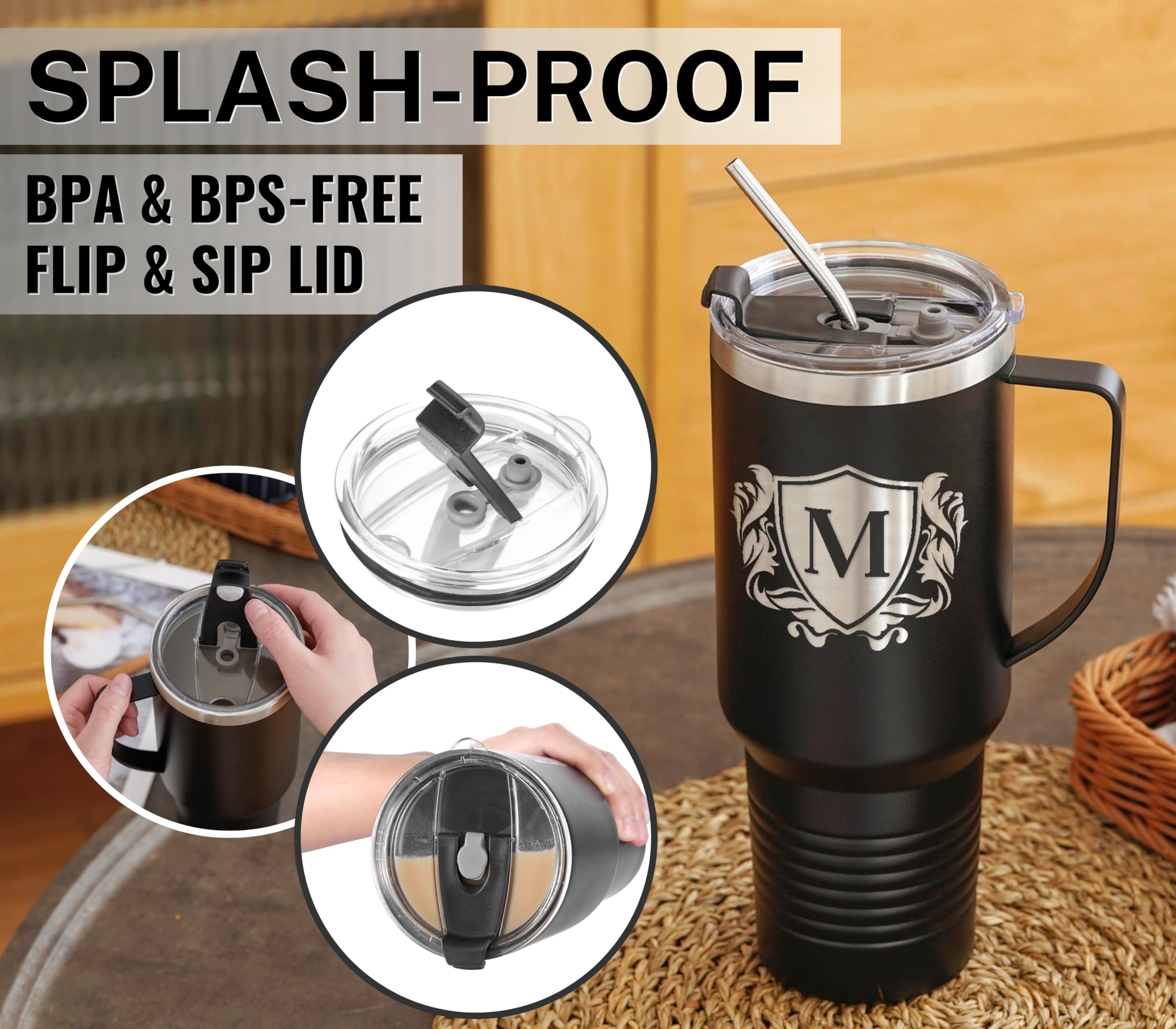 Personalized Coffee Mug with Initials, Monogrammed Travel Tumbler for Him, Custom Cups, Unique Birthday Christmas Gifts for Men Who Have Everything, 40 oz Insulated Travel Cup with Handle, L